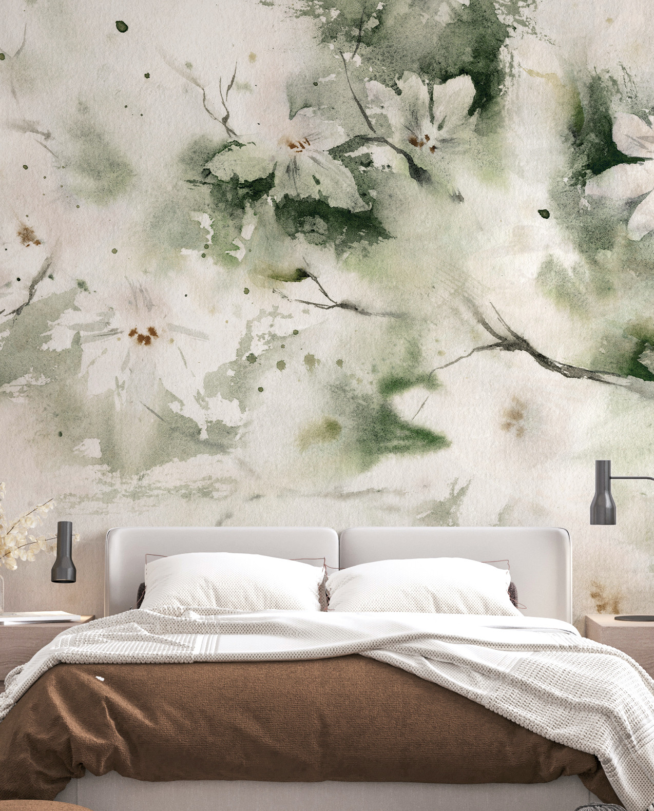 Green and Soft Pink Watercolour Flowers Wallpaper Mural