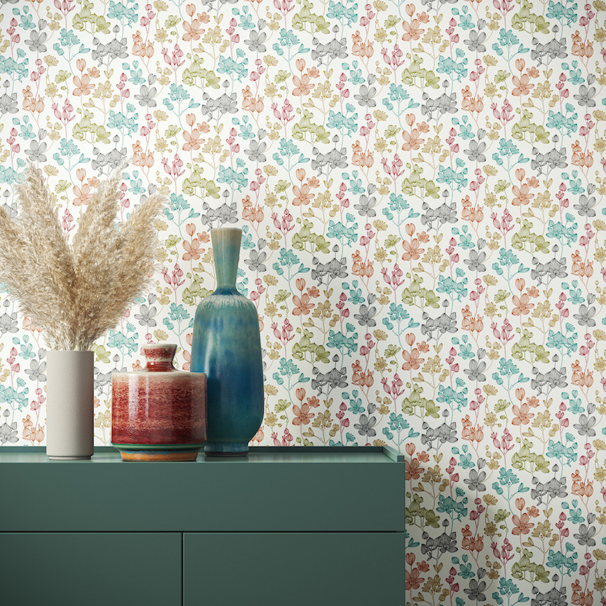 Delicate Small Scale Line Drawing Effect Leaves Blooms Blue Wallpaper ...