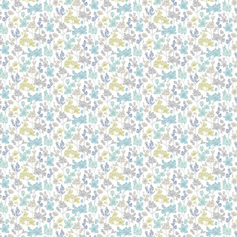 Delicate Small Scale Line Drawing Effect Leaves Blooms Blue Wallpaper ...