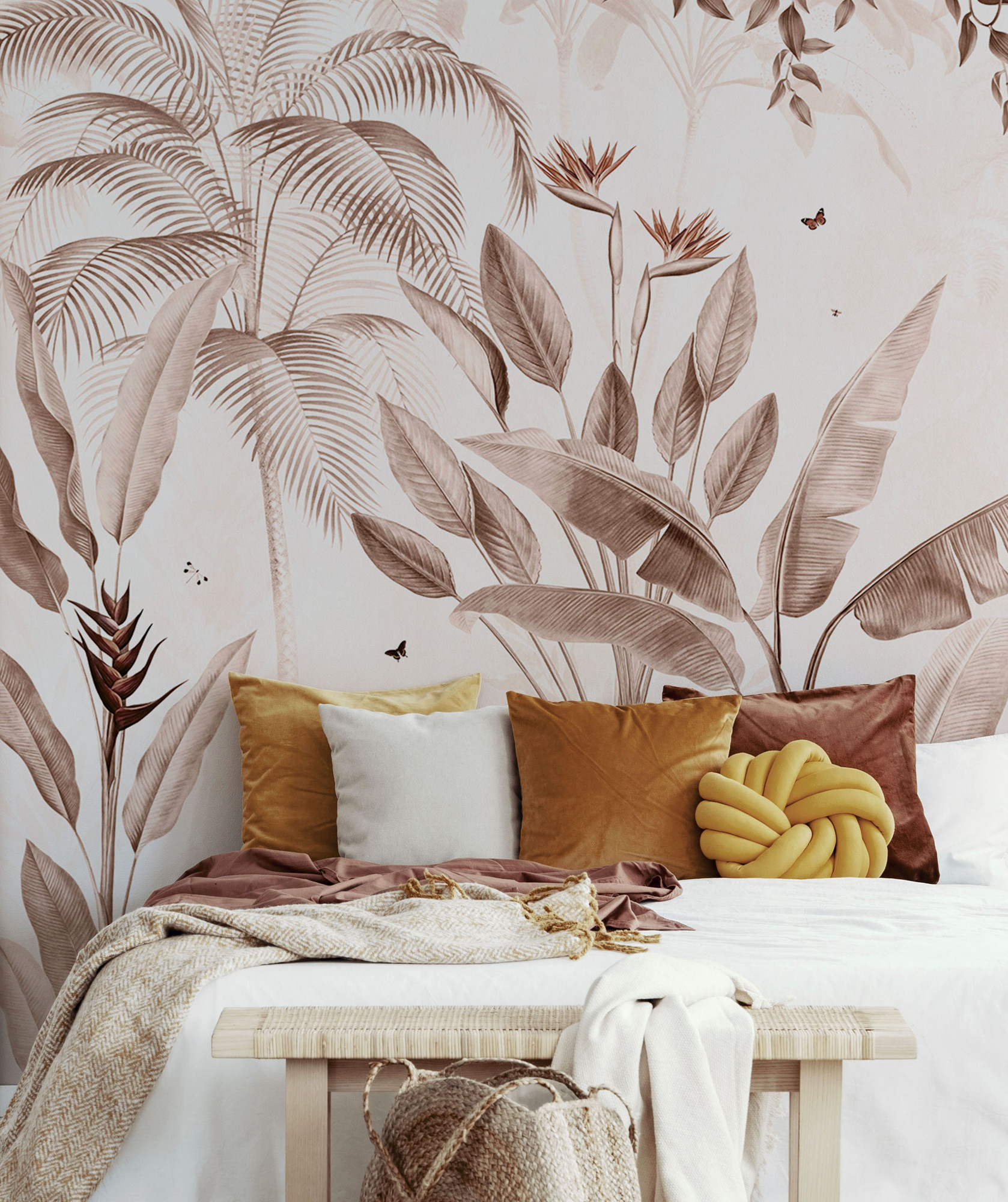 Tropical Jungle Designer Wallpaper Mural Sepia Brown | Vinyl or Non Woven