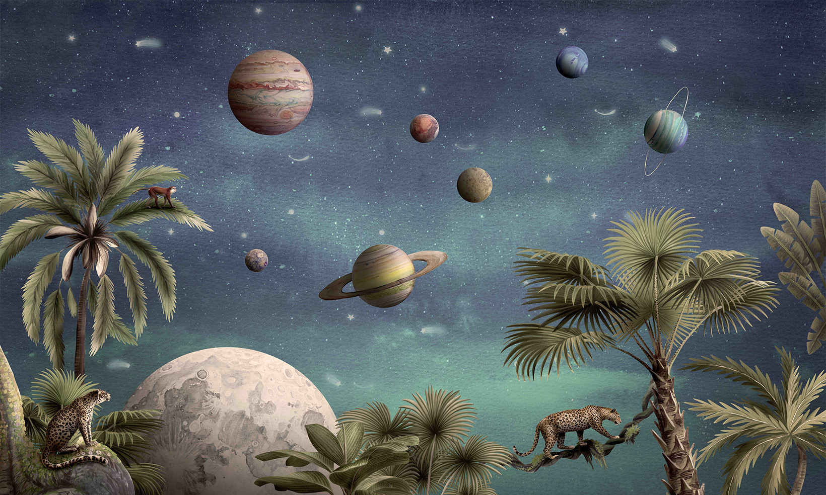 Watercolour Galaxy Planets and Palms Wallpaper Mural
