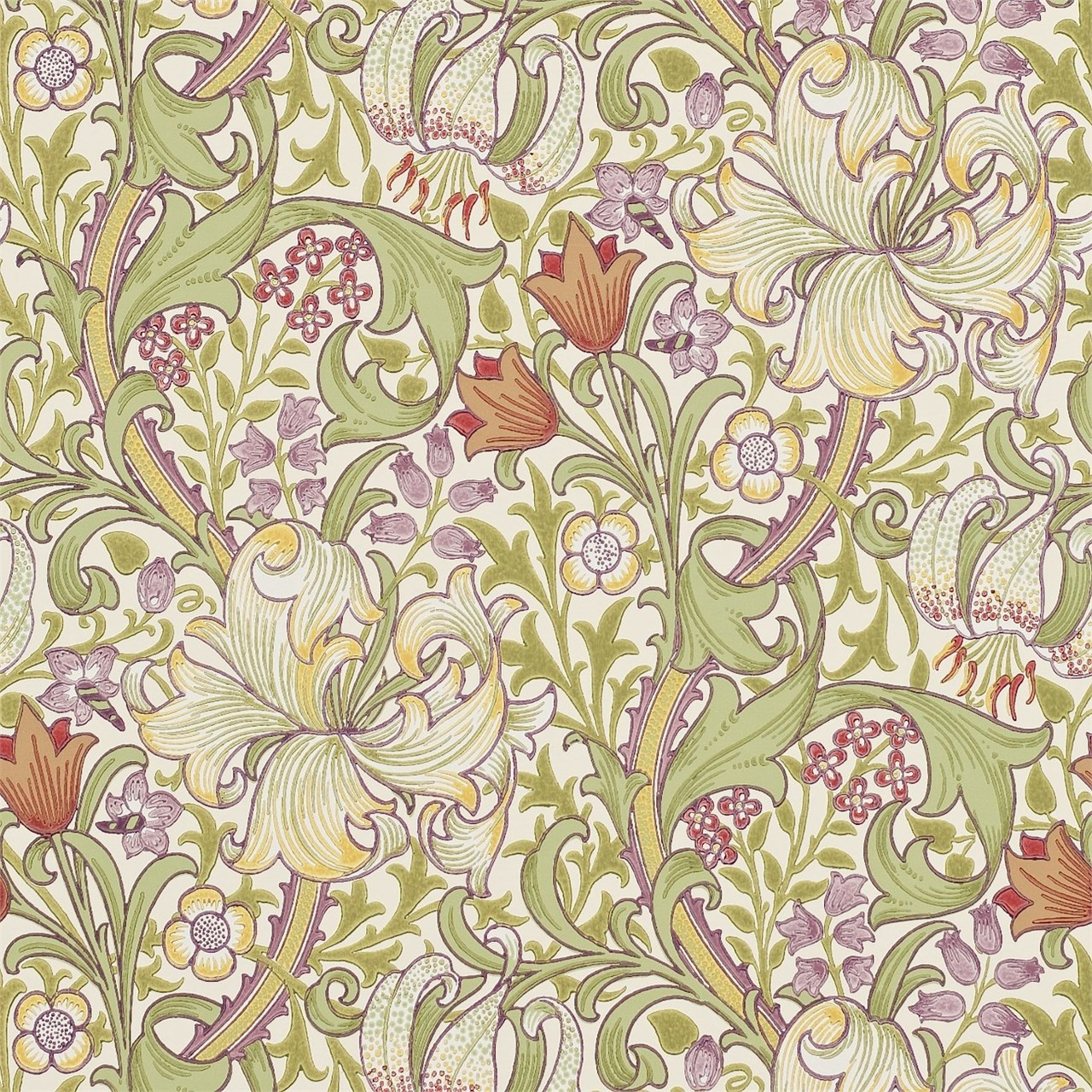 Vintage Jacobean Swirl Floral Wallpaper Orange | Morris and Co Golden Lily