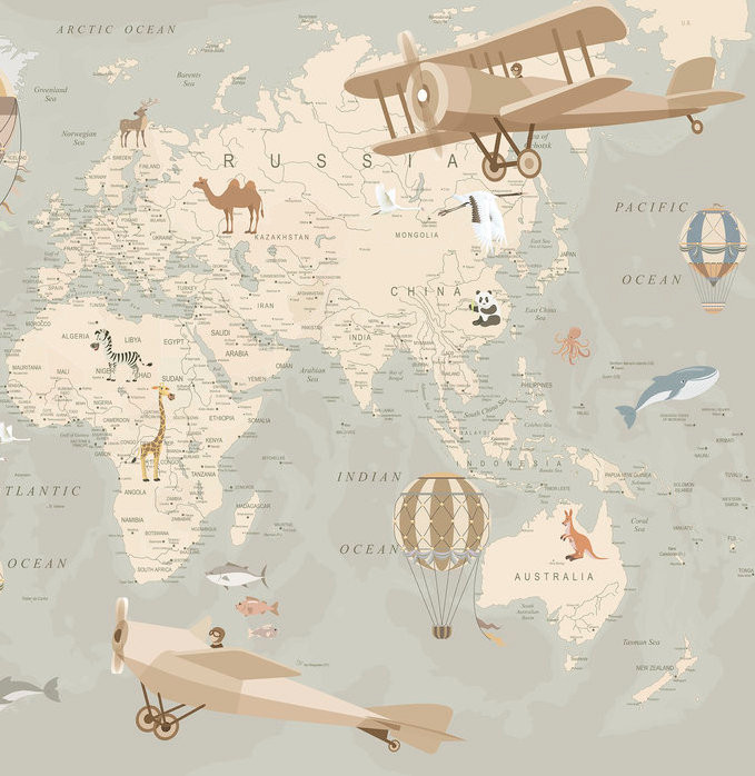 Childrens Nursery Animal World Map Wallpaper Mural