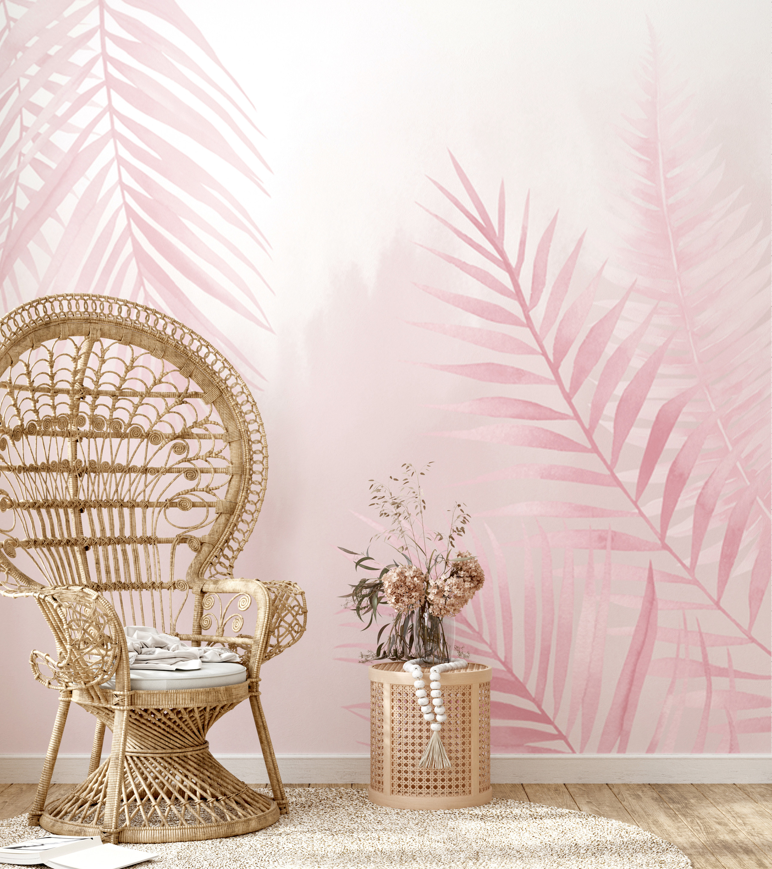 Powder Pink Palm Print Soft Whimsical Tropical Watercolour Wallpaper Mural