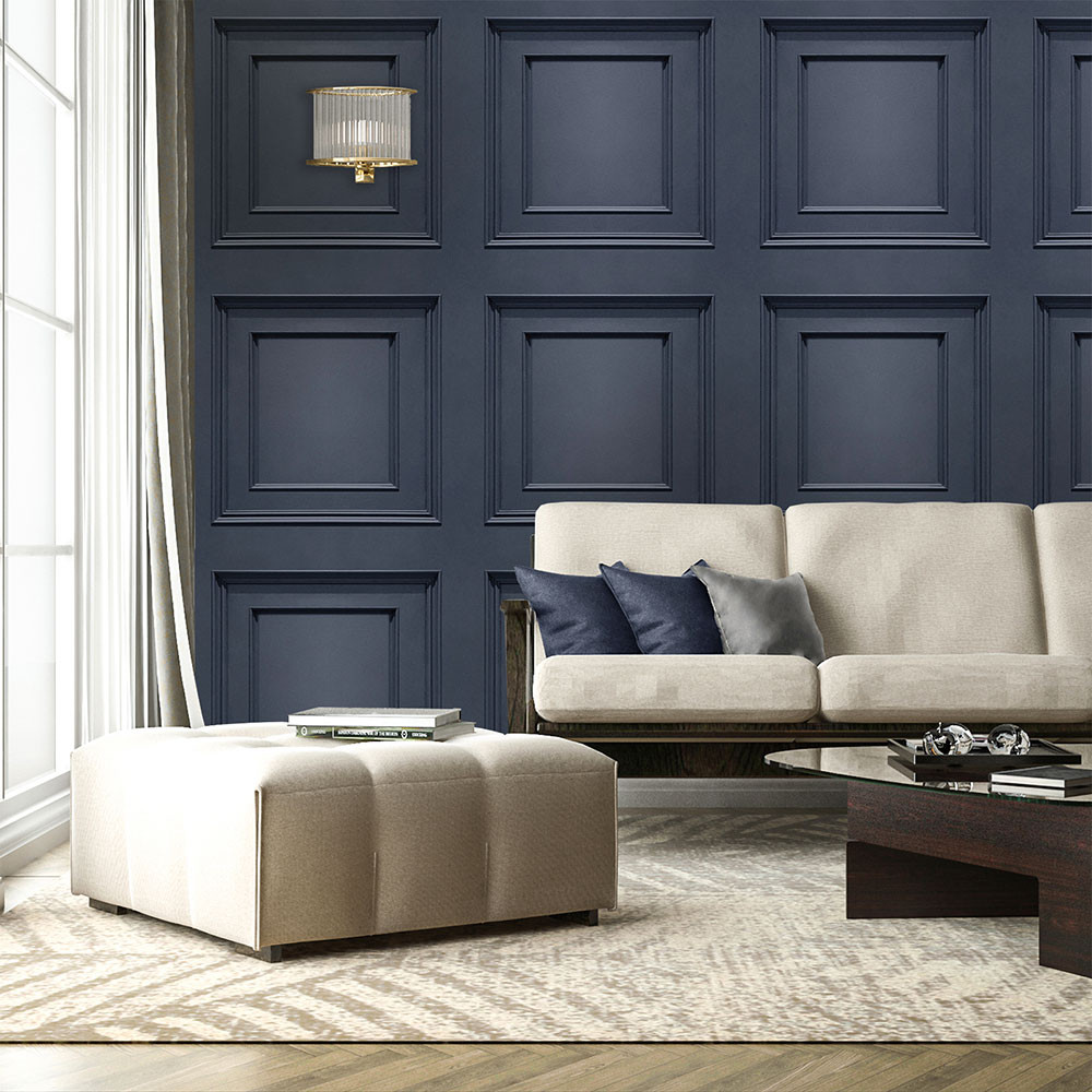 Wall Paneling Wainscotting Effect Dark Blue Vinyl Wallpaper | Amara Panel