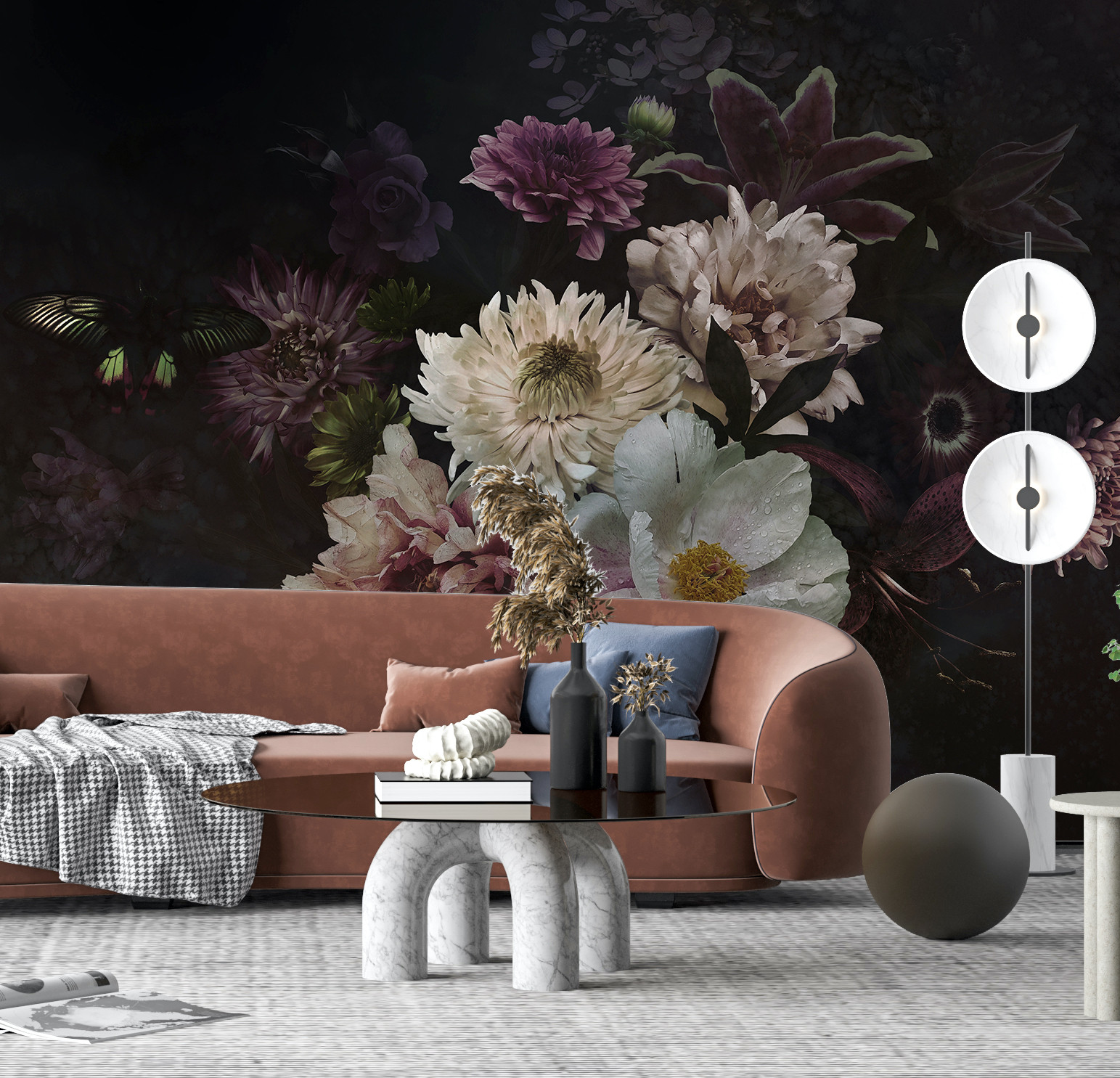 Moody Black Floral Large Scale Flowers Wallpaper Mural | Bedroom Wallpaper