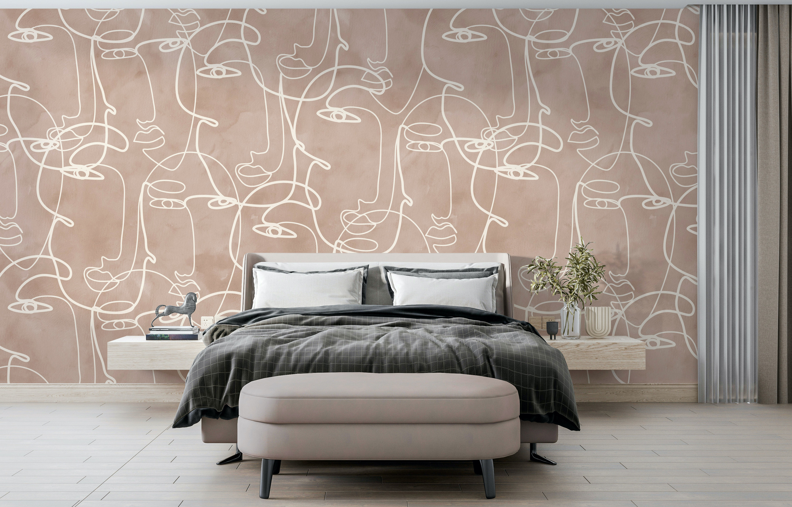 Modern Line Art Faces Abstract Clay Pink Wallpaper Mural