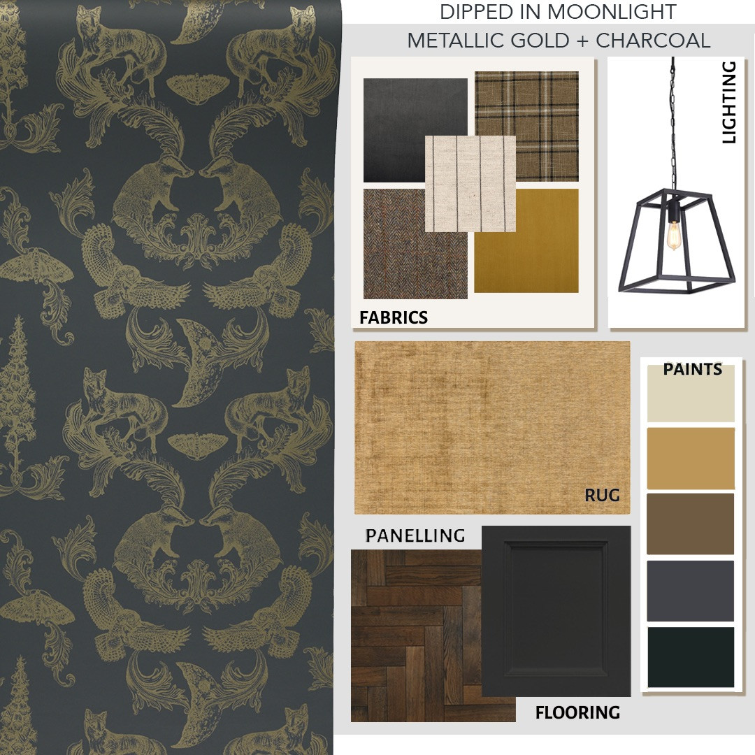 Damask Effect Forest Animals Charcoal Shimmering Metallic Gold ...