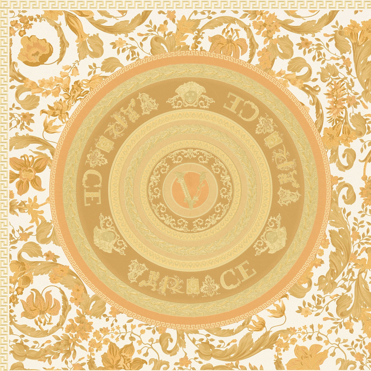 Geometric Textured Round Motif Floral Gold Metallic Vinyl Wallpaper ...