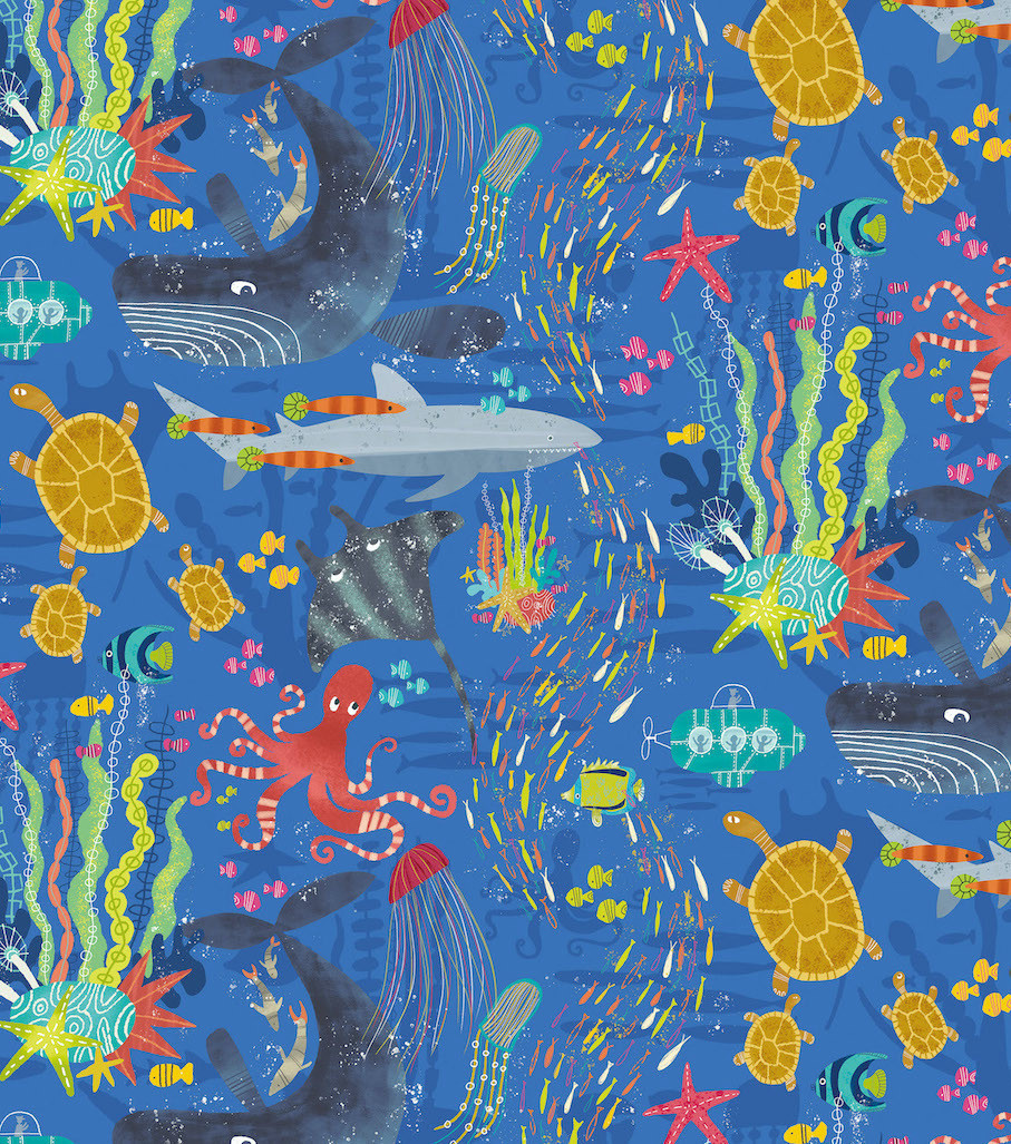 Childrens Under The Sea Ocean Critters Sharks Whales Lapis Blue ...