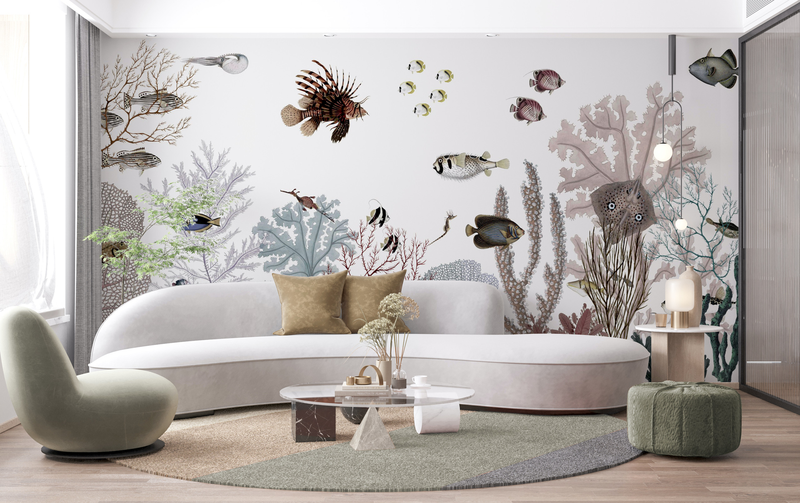 Multicolour White Coral Reef Coastal Fish Wallpaper Mural | Made in ...