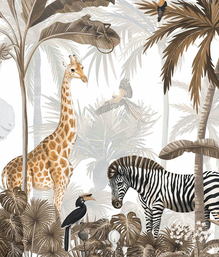 Amazonia Tropical Jungle Animals Wallpaper Mural | Zebra Giraffe Exotic ...