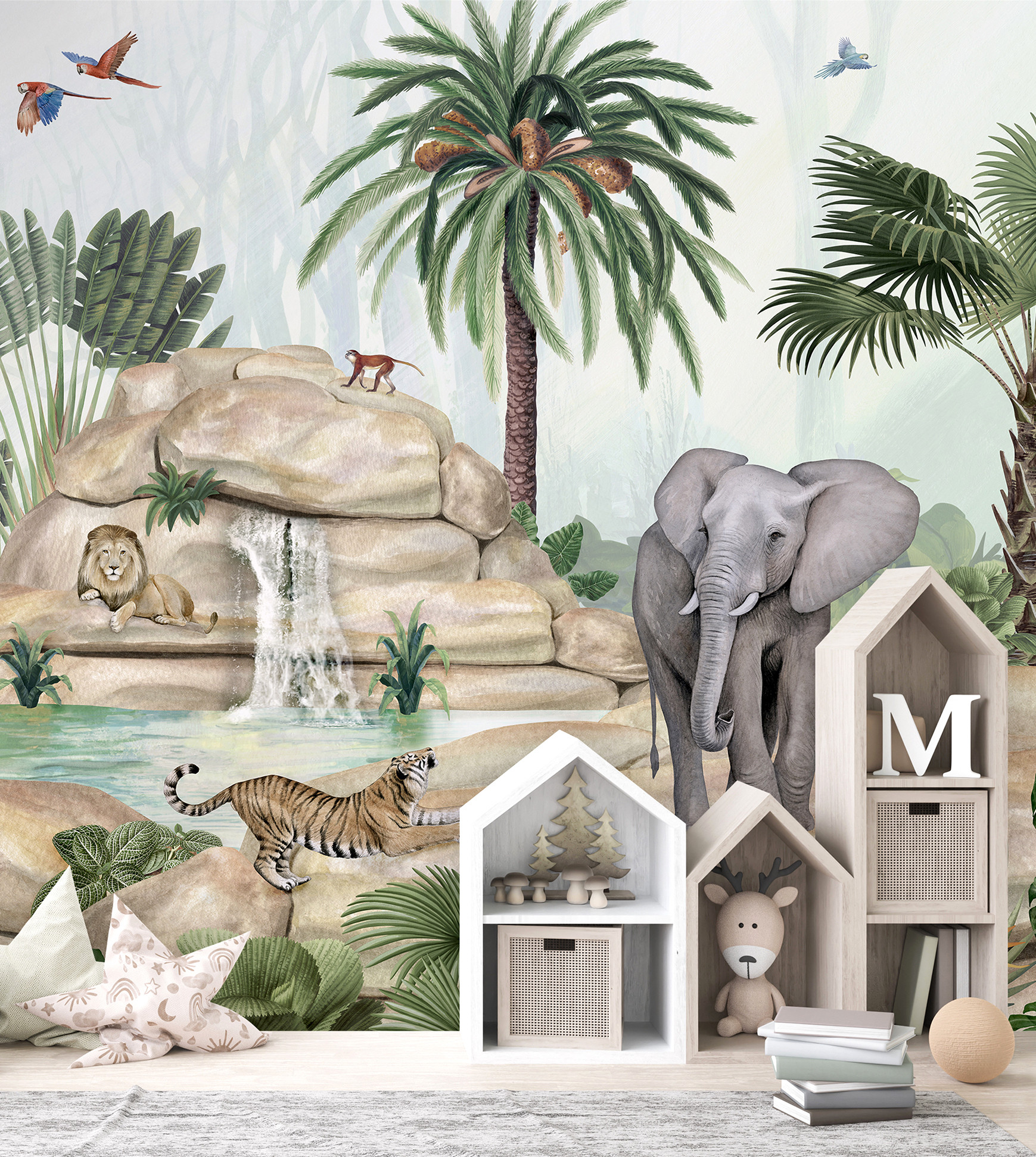 Jungle Animals and Palm Trees Watercolour Wallpaper Mural