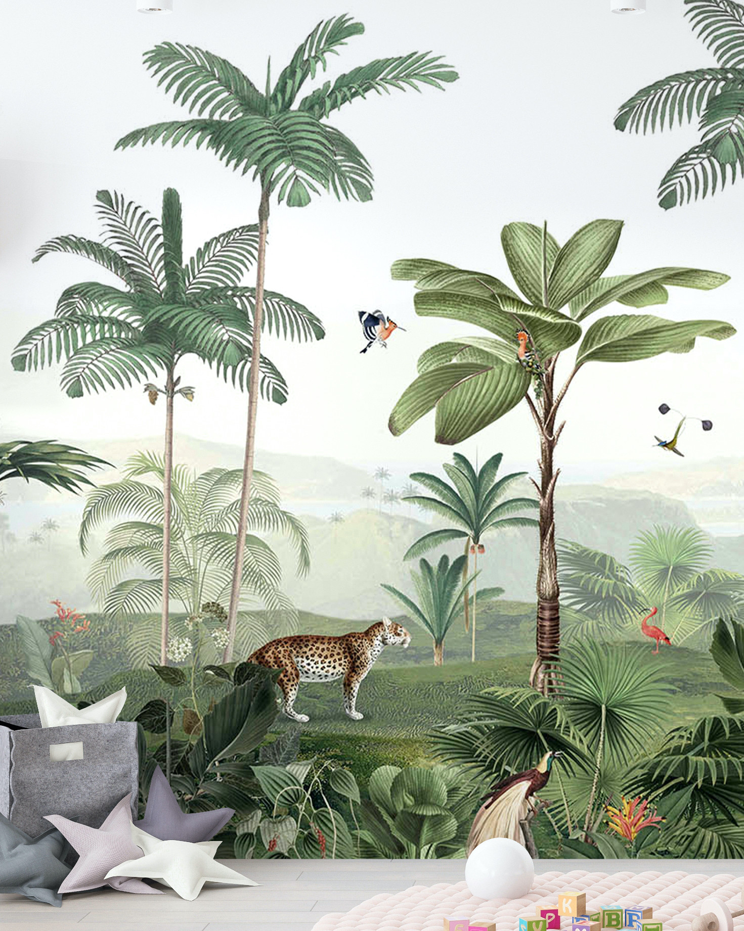 Tropical Jungle Birds and Monkeys Watercolour Wallpaper Mural