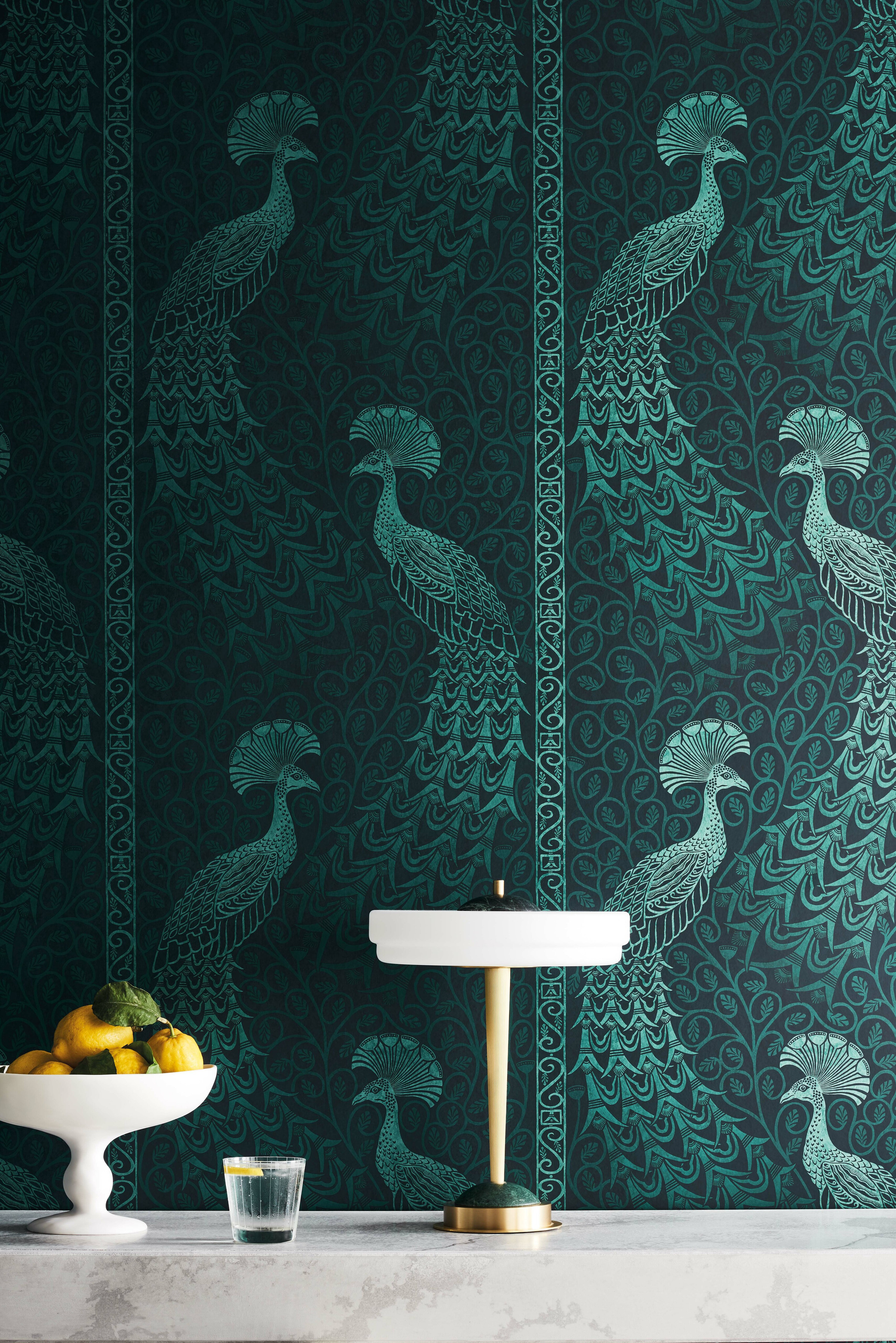 Framed Opulent Metallic Peacocks Petrol Ink Blue Wallpaper | Cole and ...