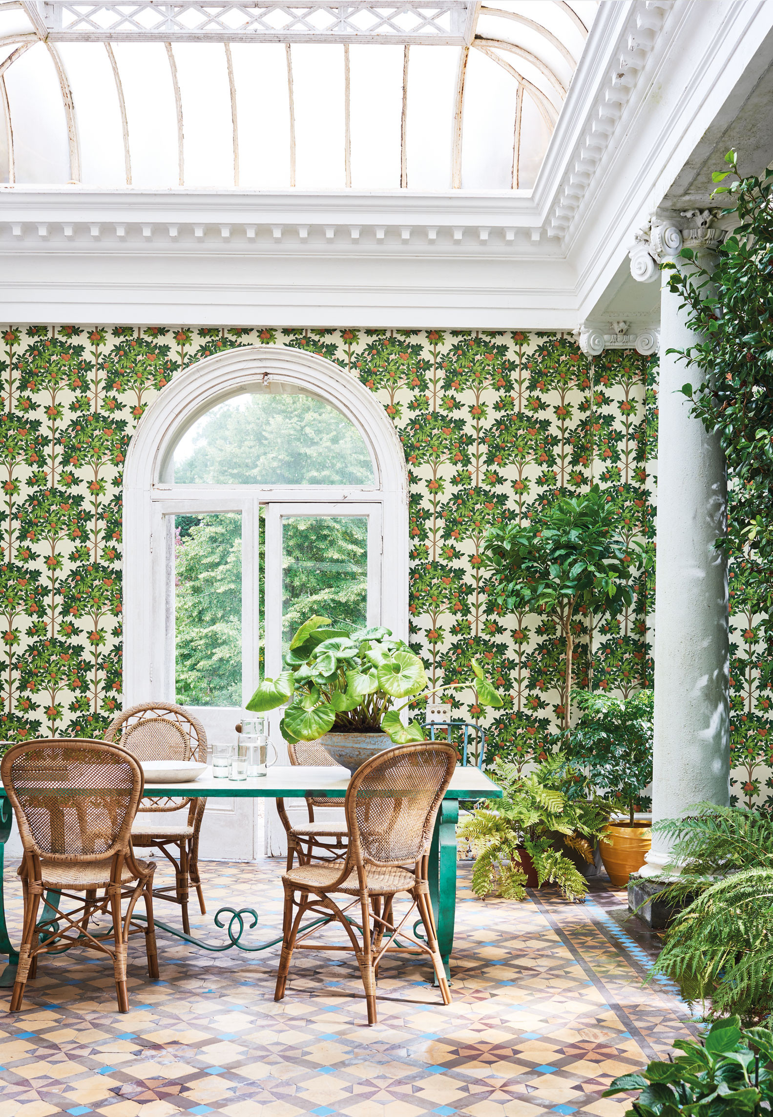 Lightly Textured Fruit Trees And Foliage Green Parchment Cream ...