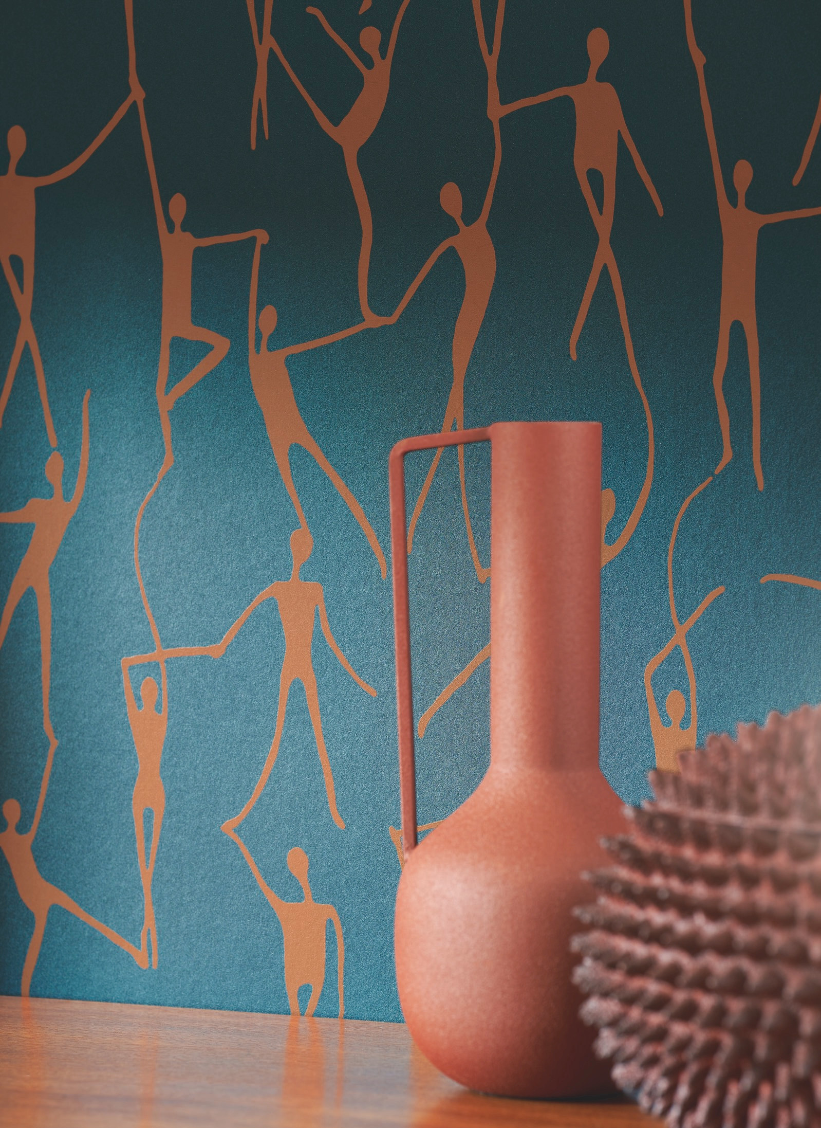 Abstract People Orange Metallic Petrol Green Wallpaper | Casadeco Alberto