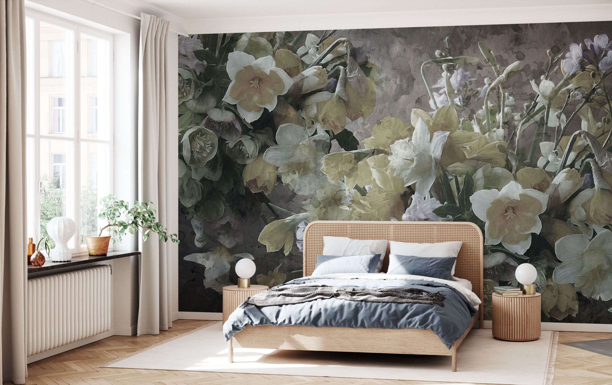Daffodil Flowers Large Scale Floral Yellow Grey Mural Vinyl Wallpaper ...