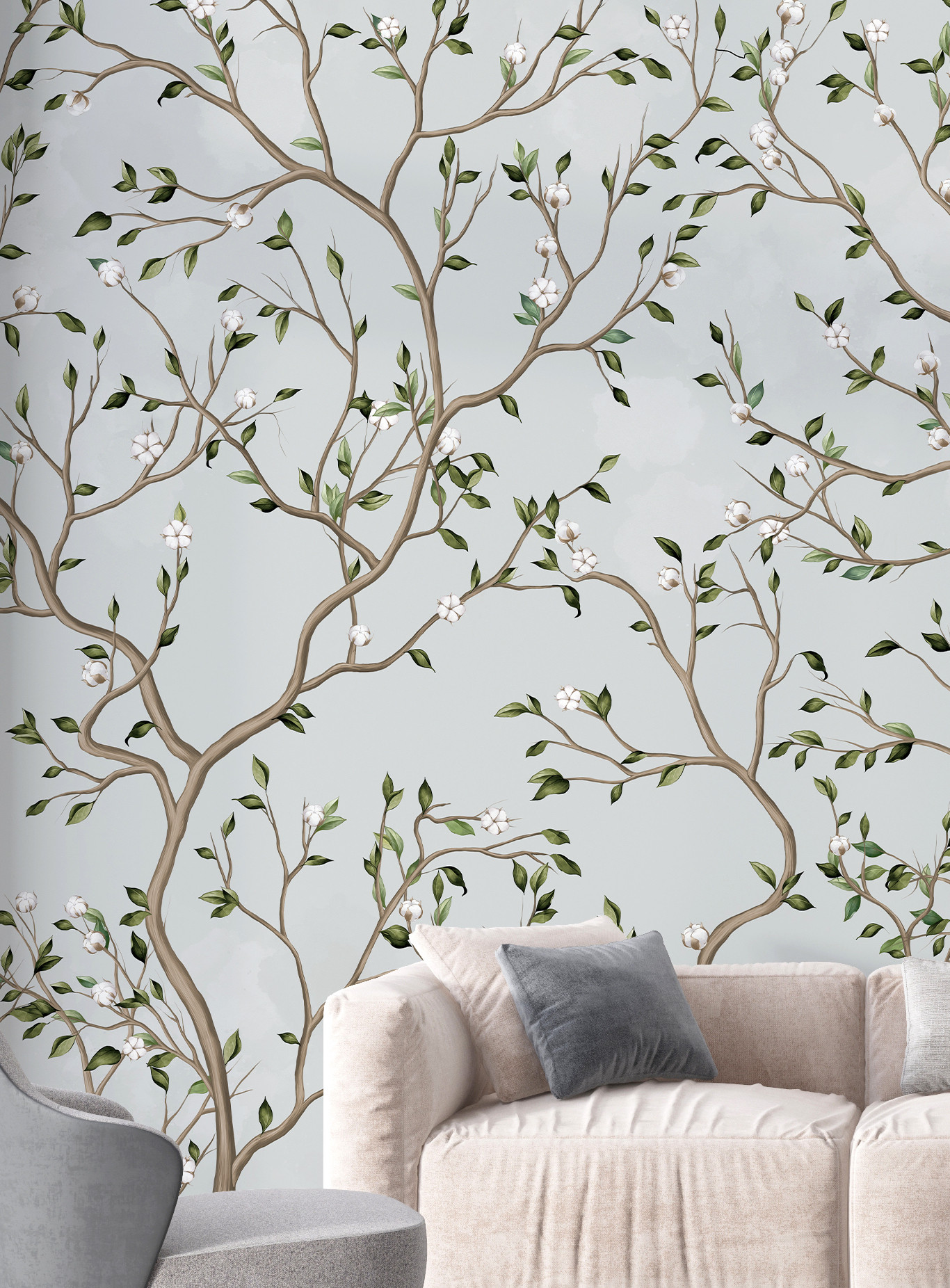 Sky Blue Woodland Trees with Cotton Flowers Wallpaper Mural