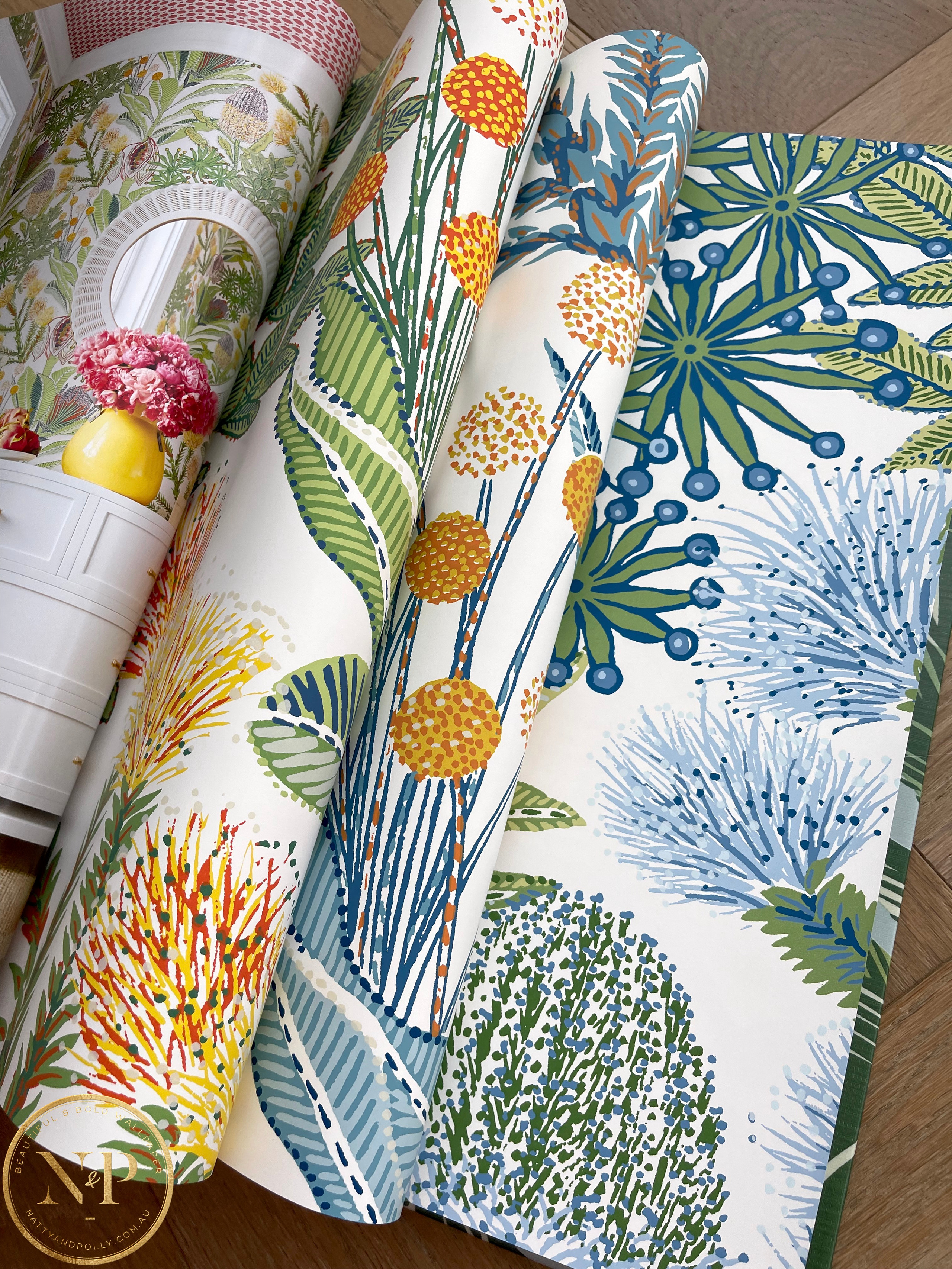 Botanical Australiana Florals Navy Blue Wallpaper | Thibaut Protea