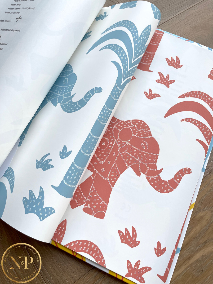 Batik Style French Blue Wallpaper | Thibaut Elephant