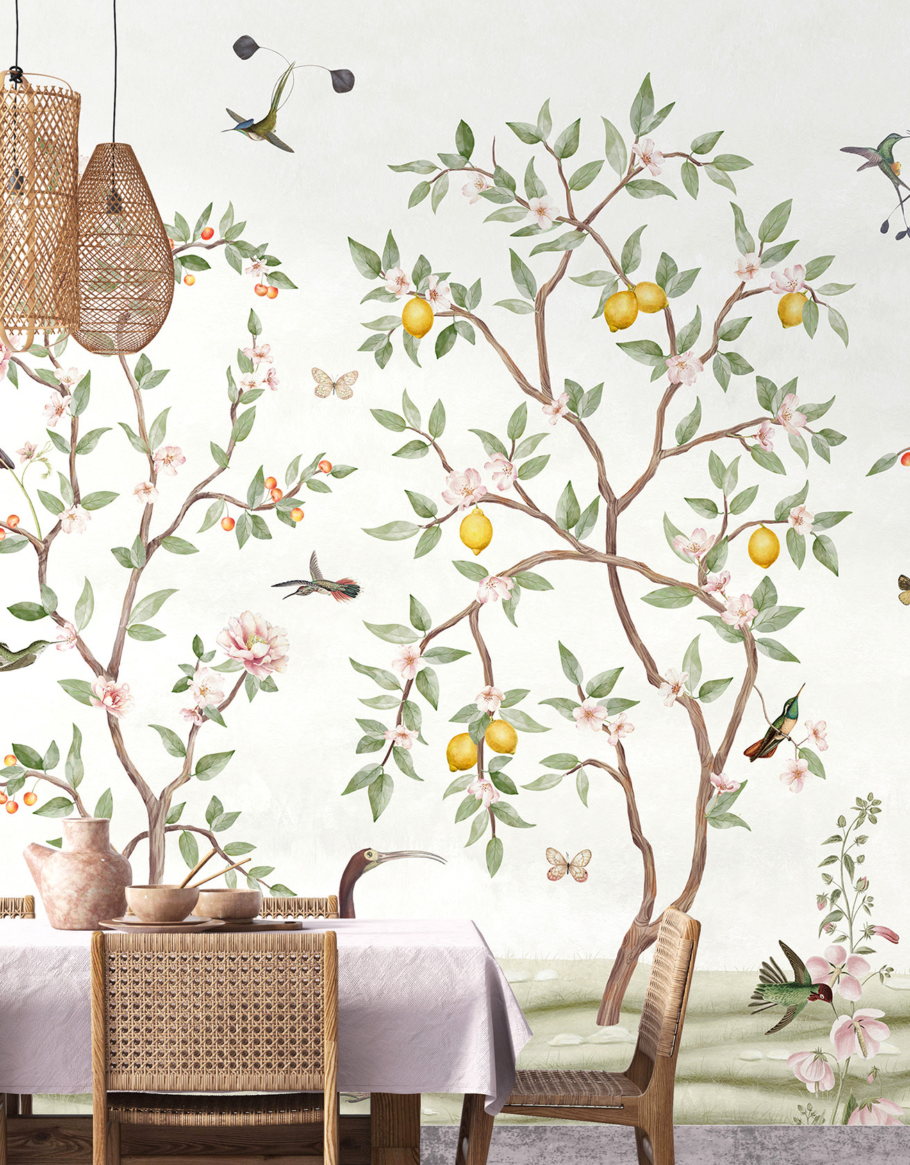 Stunning Off White Chinoiserie Lemon Tree Wallpaper Mural | Made in ...