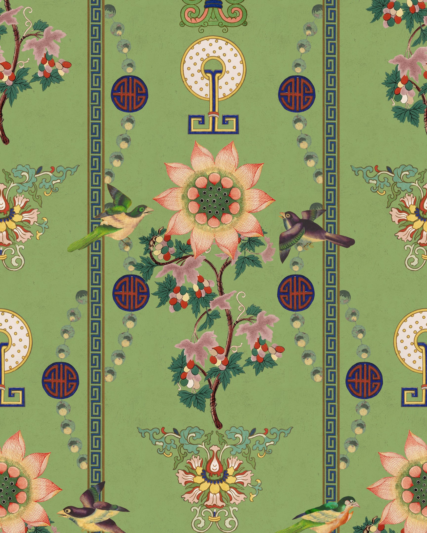 Striped Chinese Gardens Floral Blooms Fluttering Birds Green Wallpaper ...