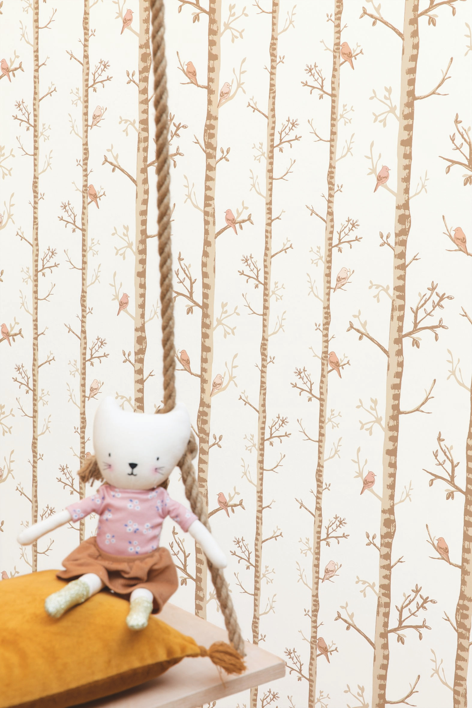 Childrens Trees Perched Birds White Natural Beige Wallpaper | Caselio ...