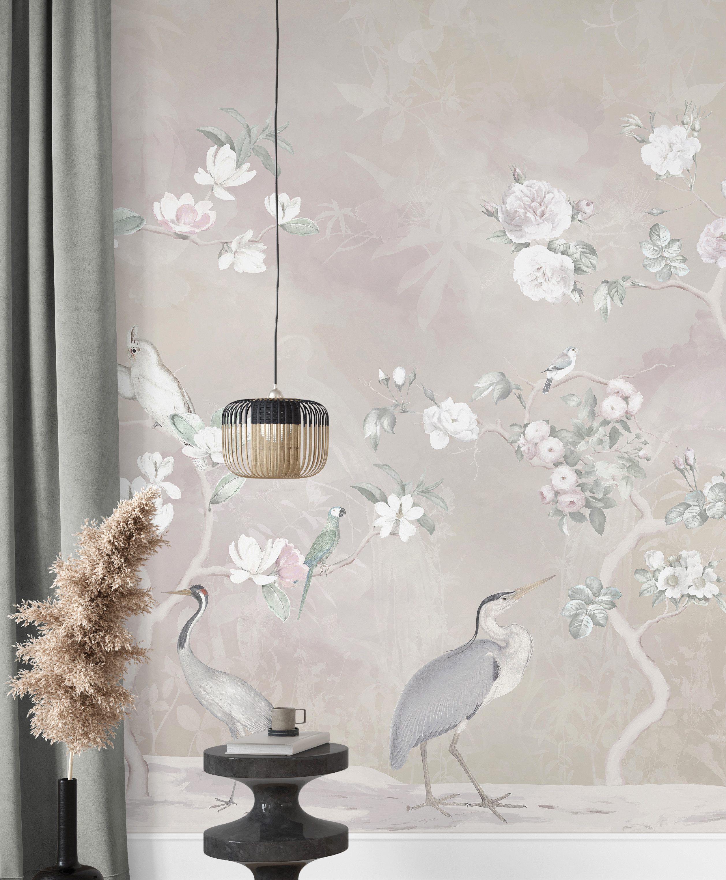 Chinoiserie Scenery Neutral Pink Mural Wallpaper | Imary By Maryna
