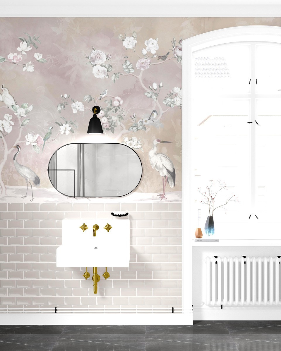 Chinoiserie Scenery Neutral Pink Mural Wallpaper | Imary By Maryna