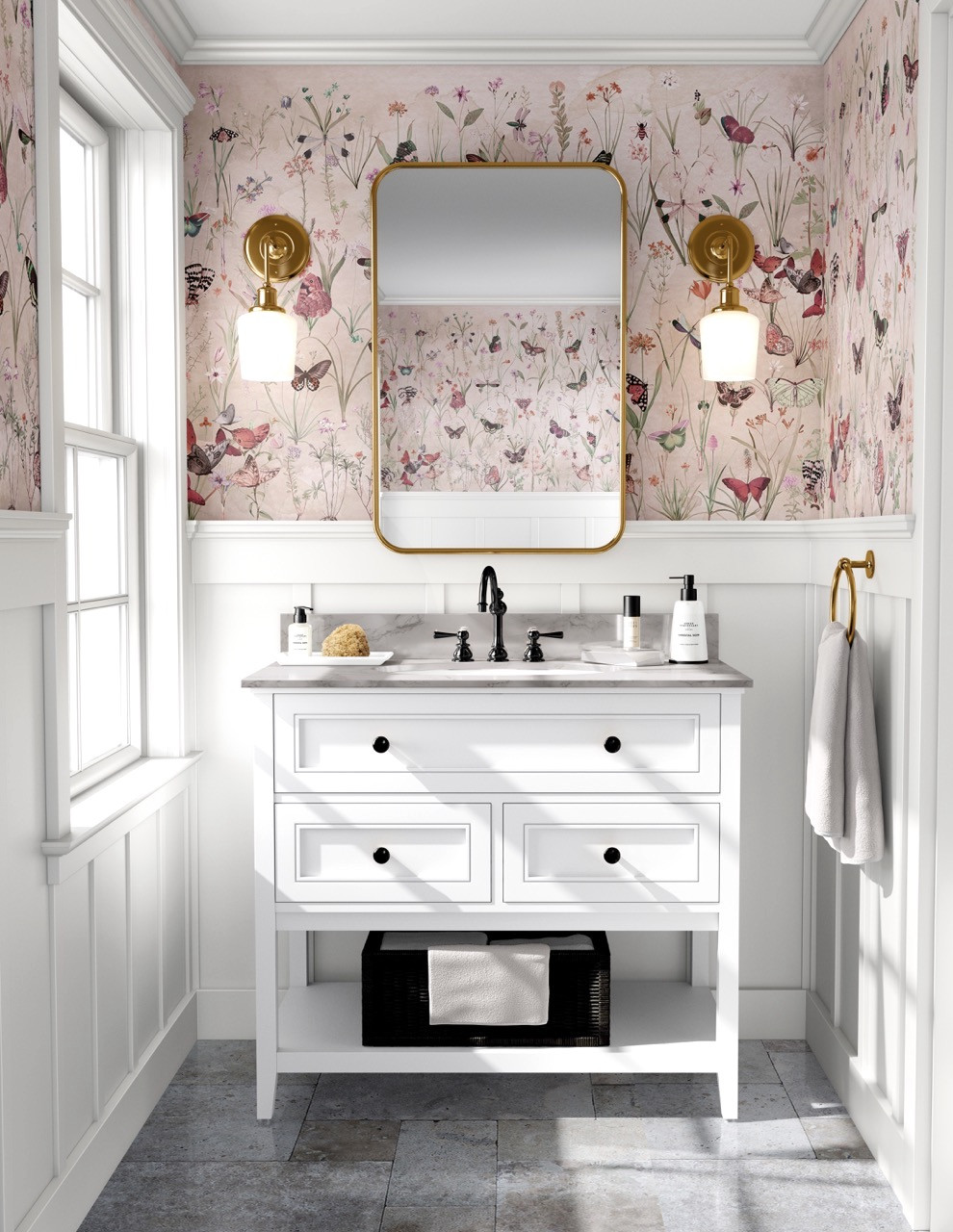 Herbs And Butterflies Multicolour Pink Mural Wallpaper | Imary By Maryna