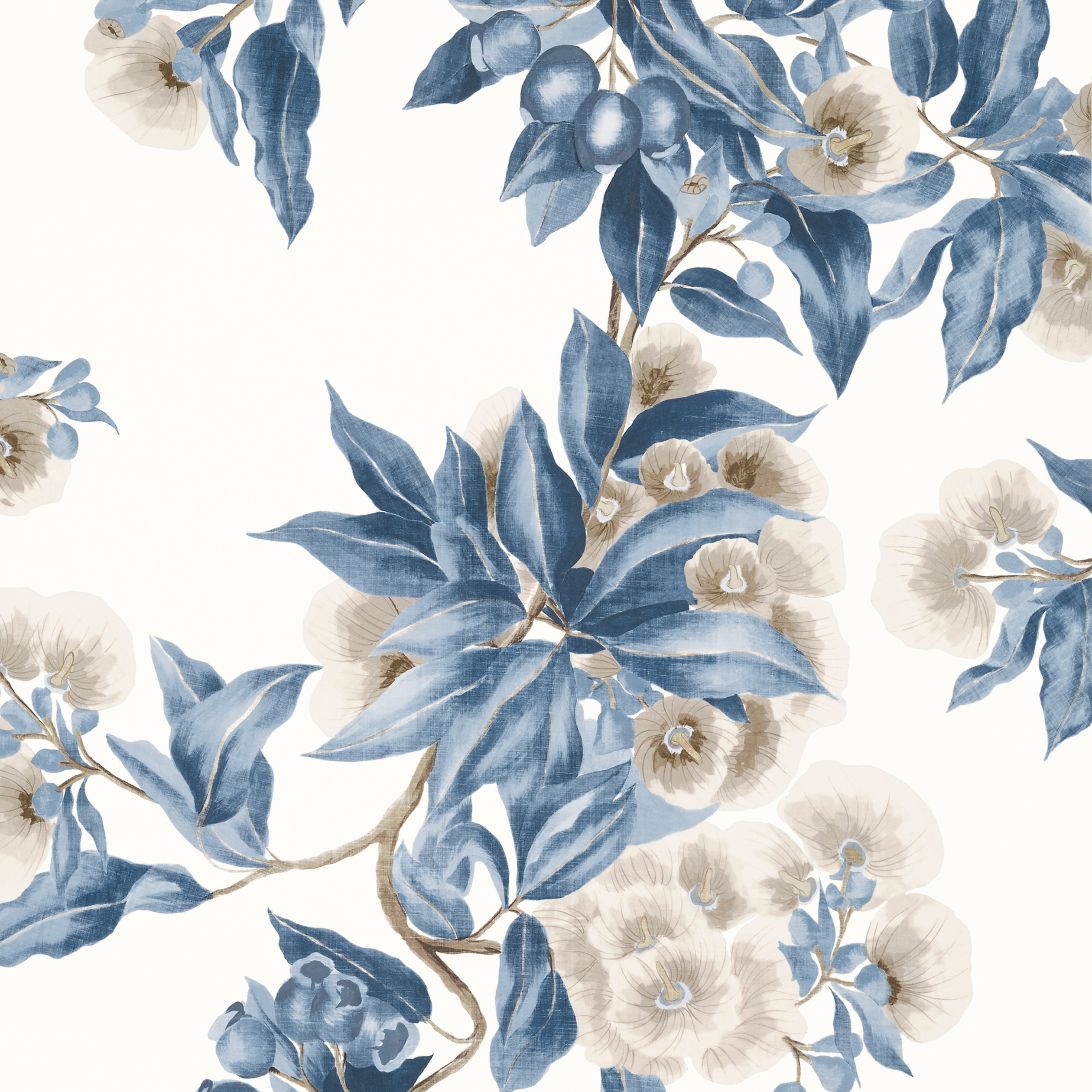 Large Scale Floral Blooms Navy Blue Linen Wallpaper | Anna French ...