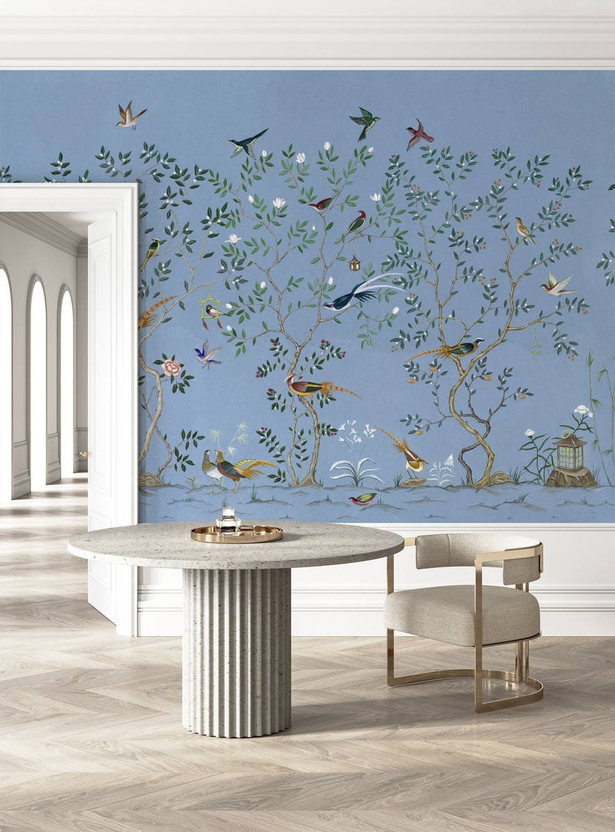 Stunning Blue Chinoiserie Wallpaper Mural Ft. Birds of South East Asia