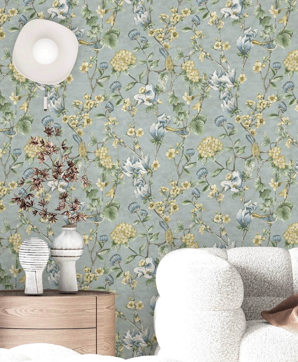 Playful Birds English Floral Blooms Blue Wallpaper | Nightingale