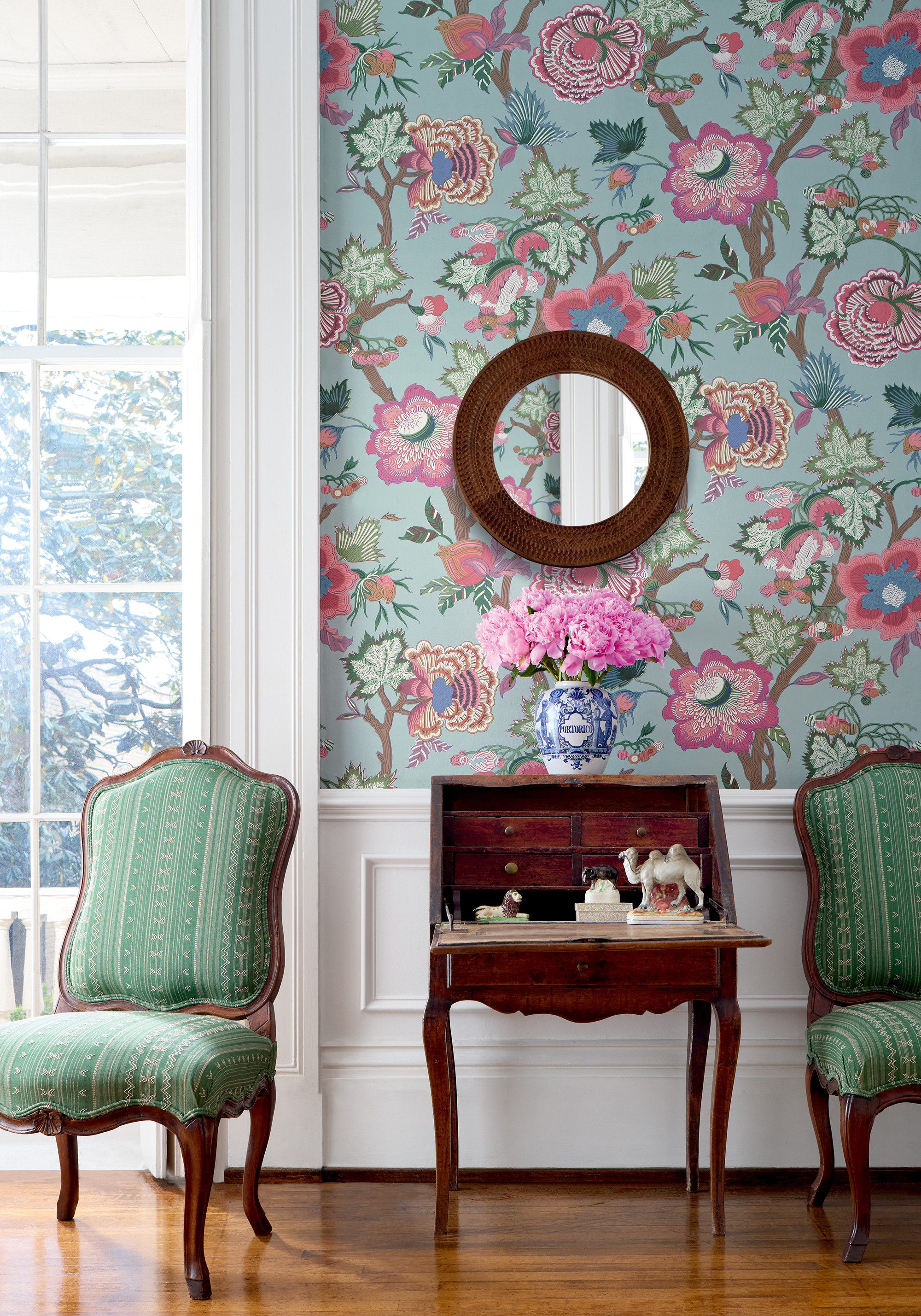English Floral Raspberry Red Teal Blue Wallpaper | Thibaut Indienne ...