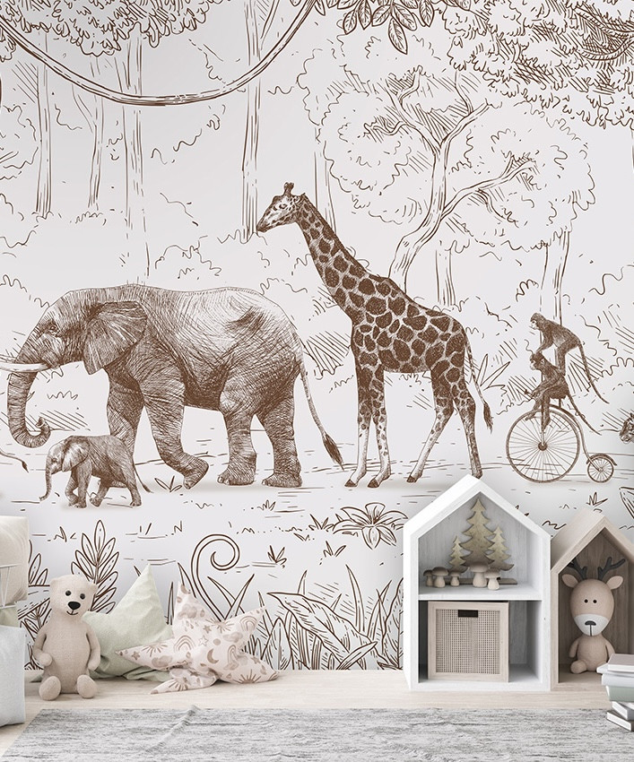 Animals Parading Through The Jungle Wallpaper Mural Brown and White