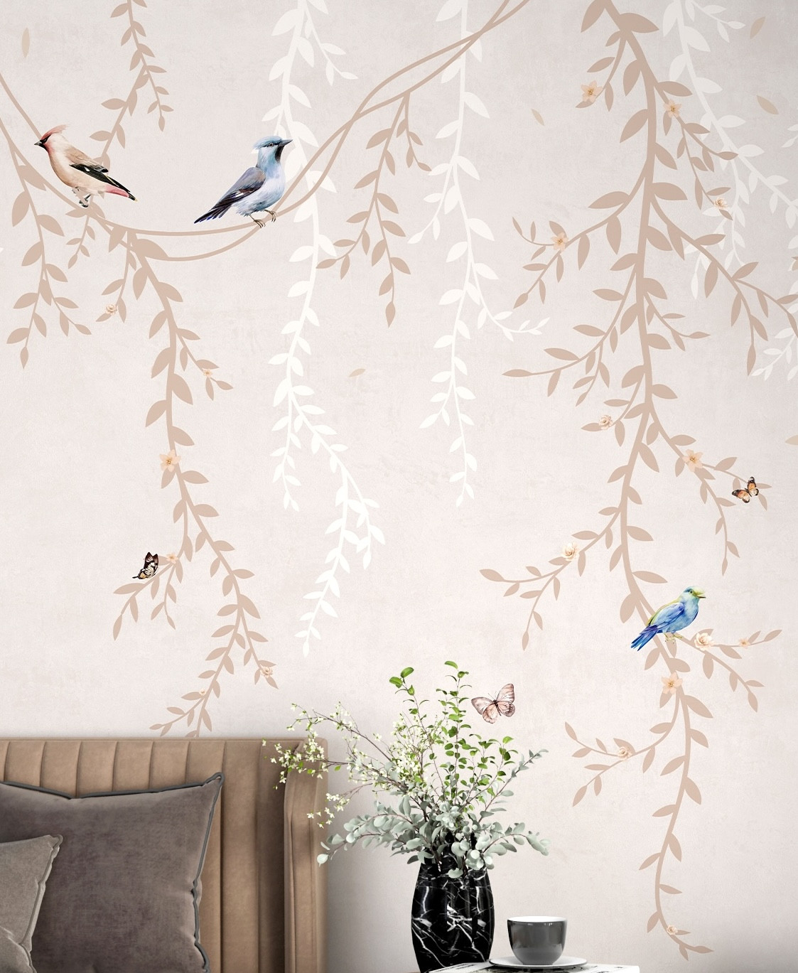 Pale Pink Trailing Leaves / Birds on Branches Wallpaper Mural