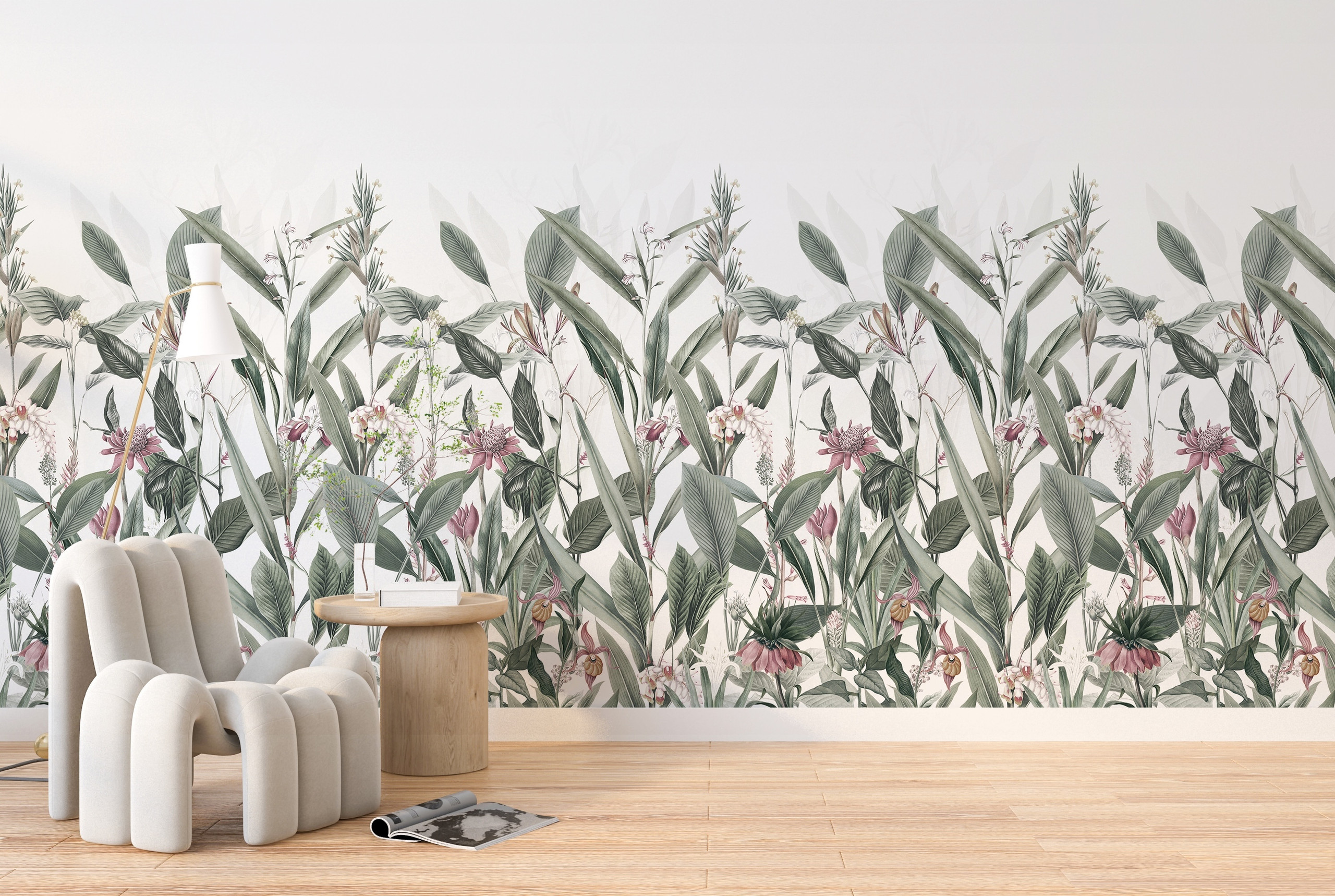 Muted Tropical Plants and Wild Flowers Wallpaper Mural
