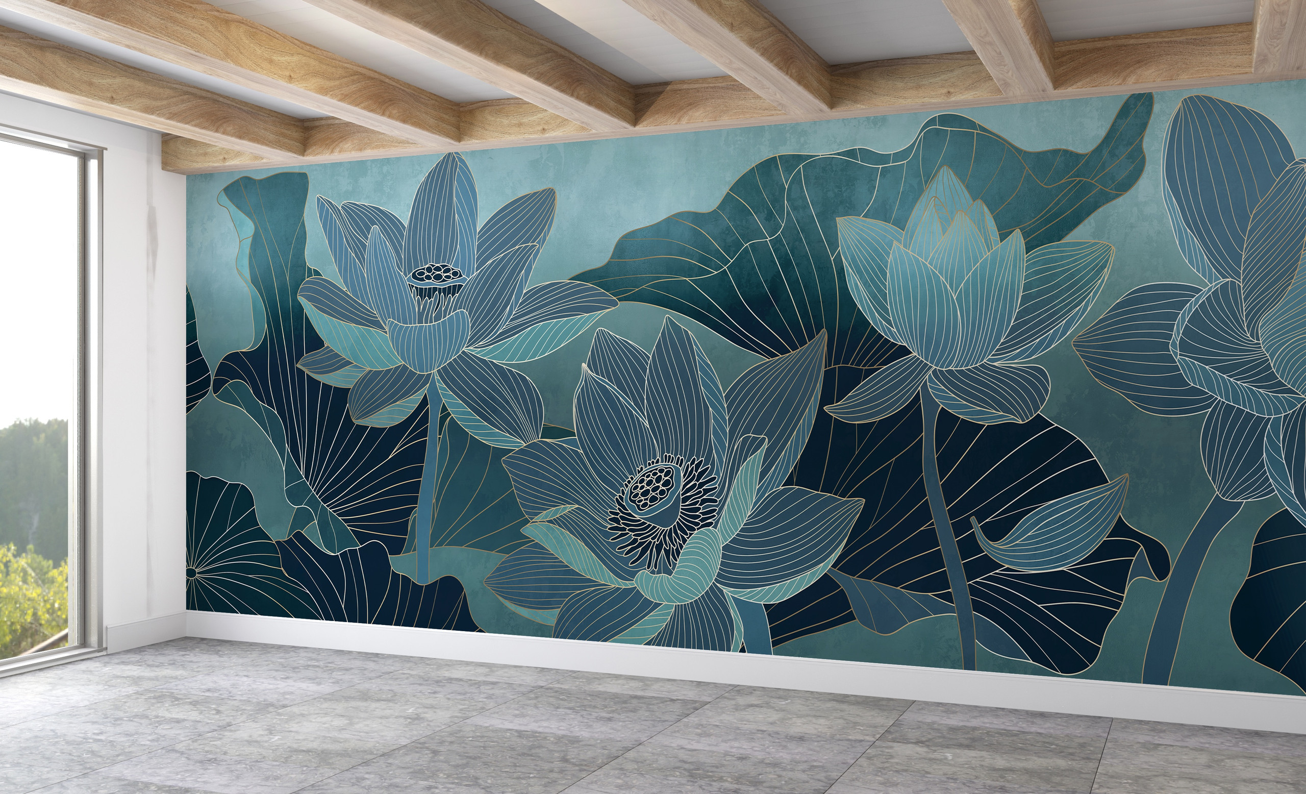 Blue and Teal Large Scale Lotus Lilies Wallpaper Mural