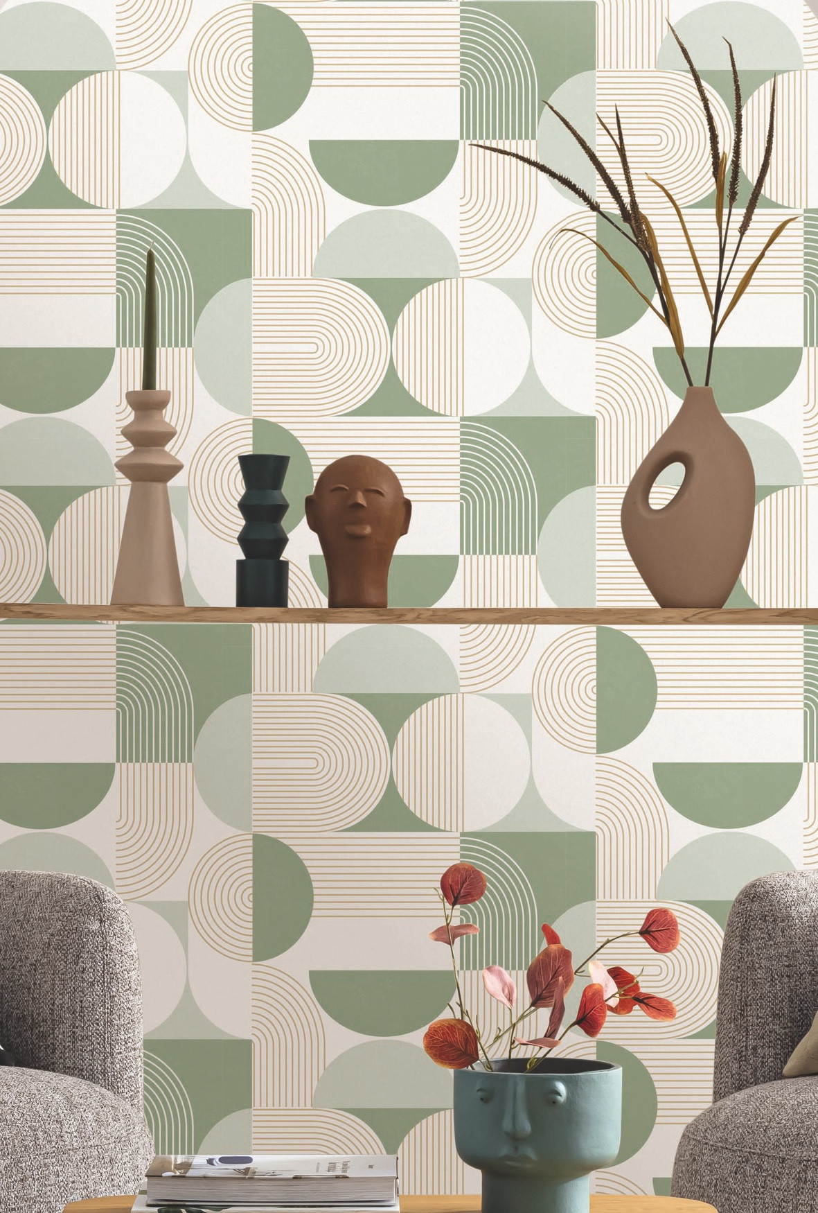 Geometric Curves And Grooves Khaki Green Vinyl Wallpaper | Caselio ...