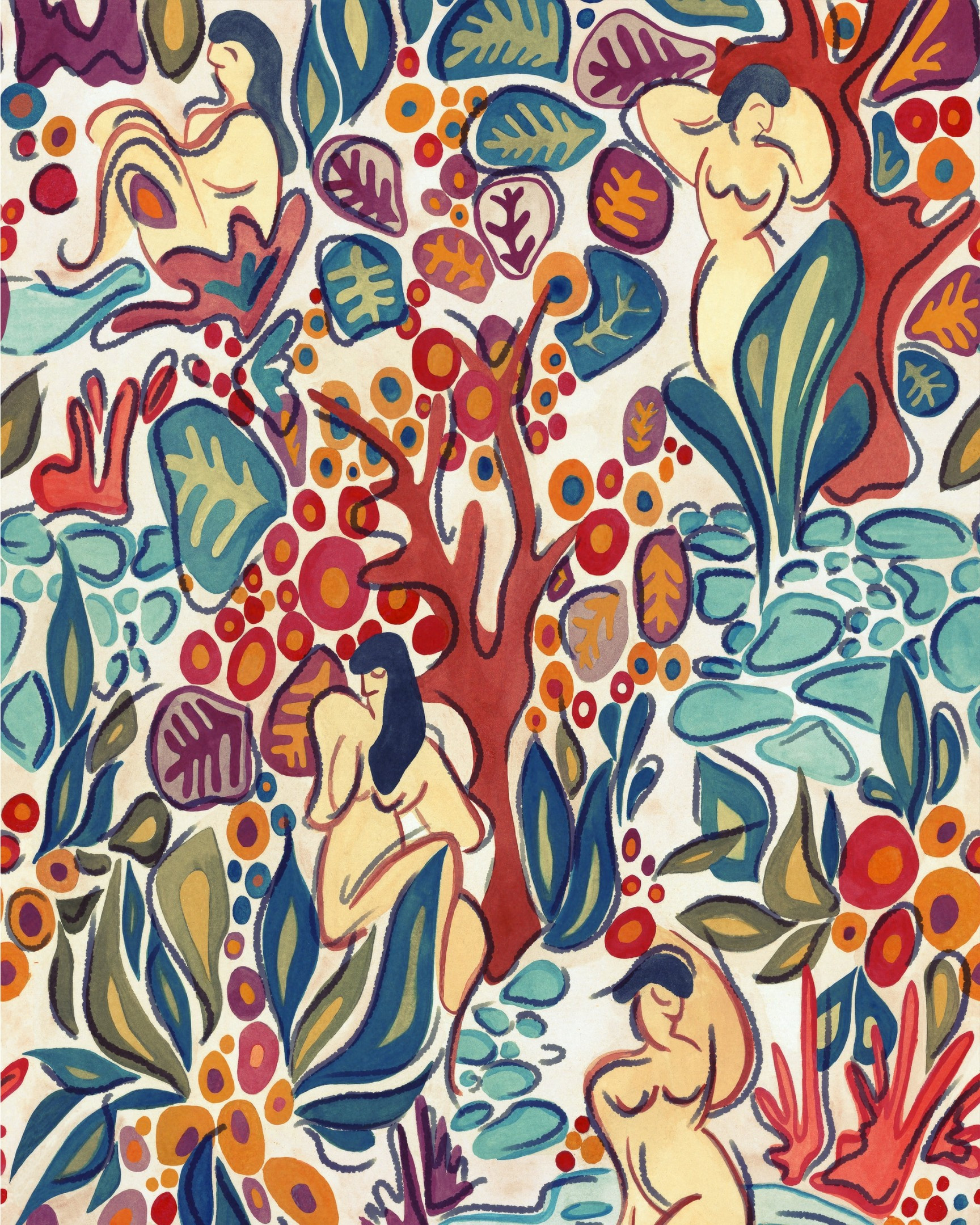 Abstract Feminine Figures Amongst The Trees Multicolour Wallpaper ...
