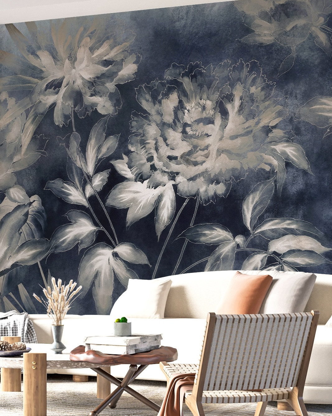 Blue and Soft Gold Large Scale Flowers and Leaves Wallpaper Mural