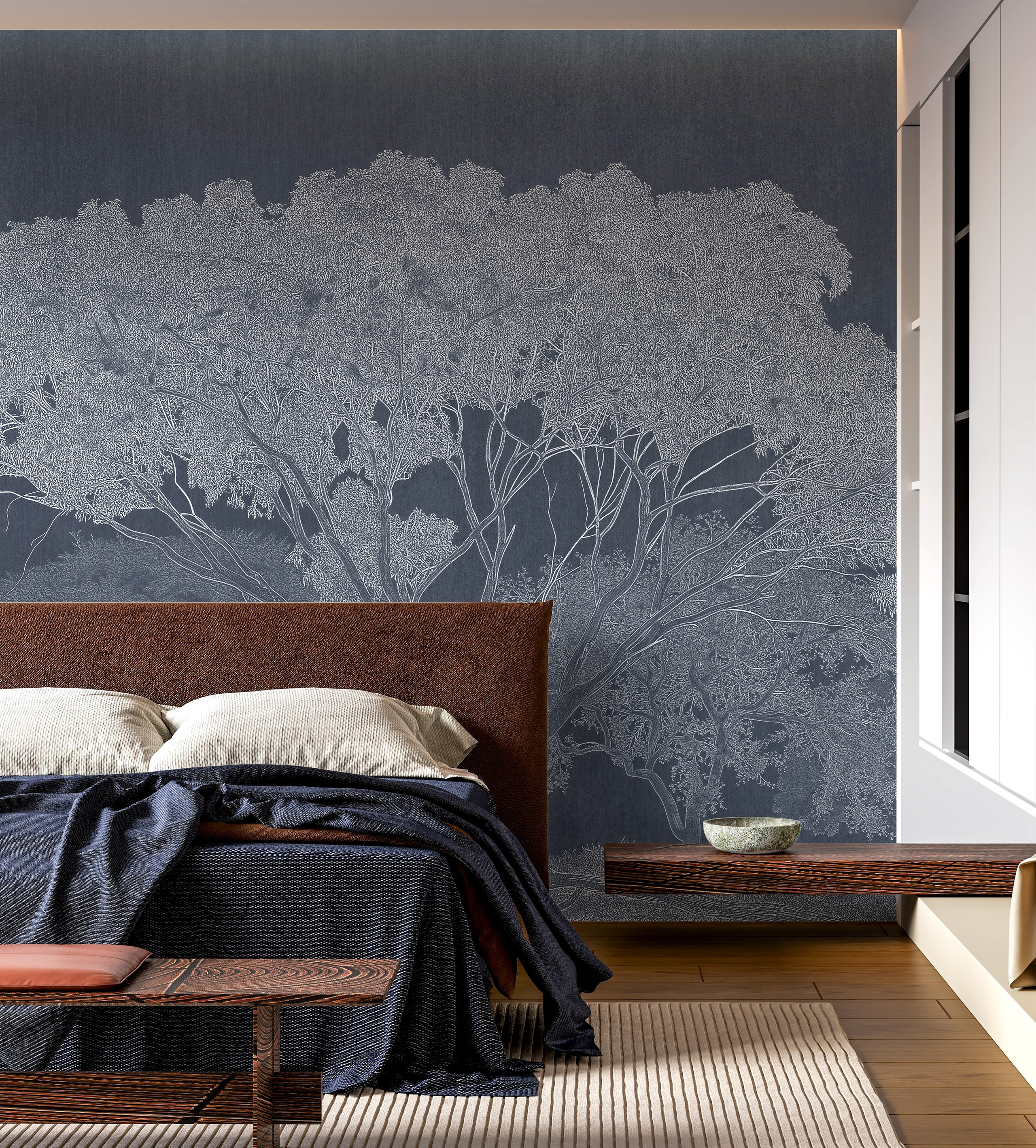 Navy Blue Australian Bush Eucalyptus & Acacia Trees Wallpaper Mural
