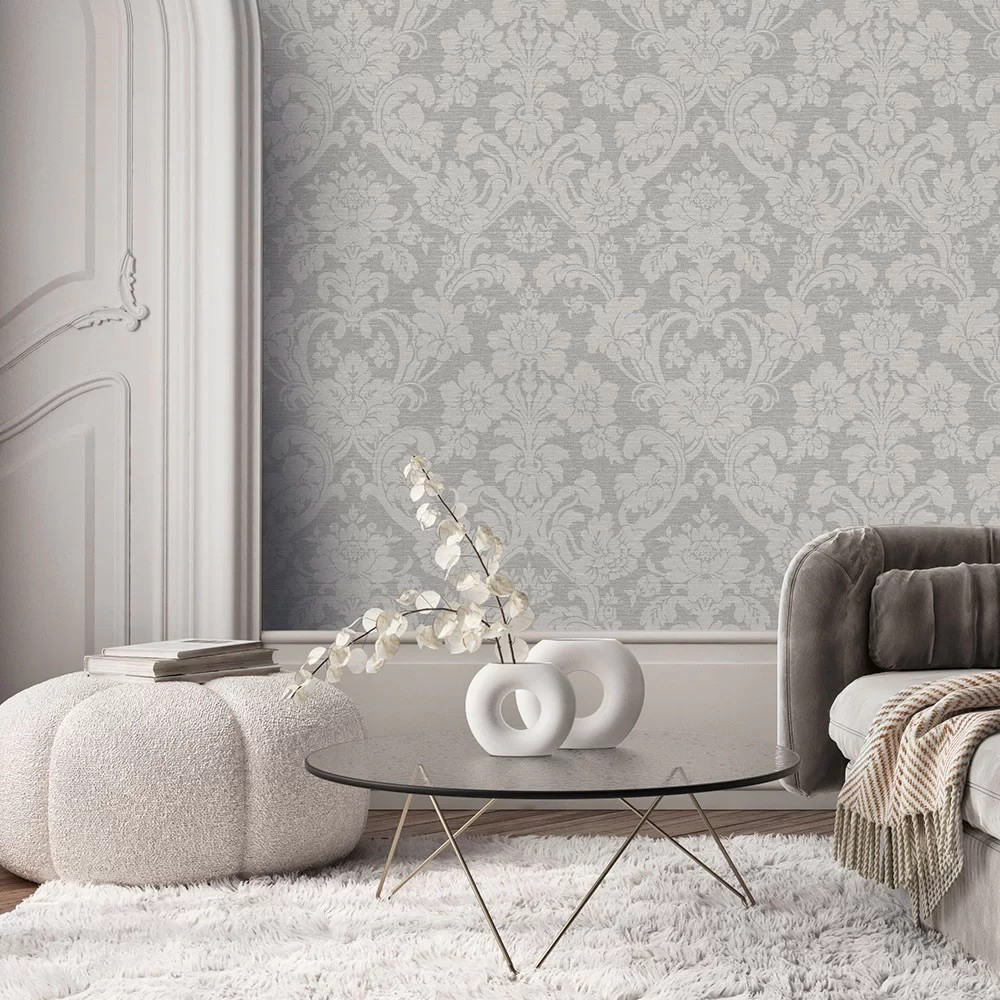 Luxe Brushed Effect Floral Damask Ash Grey Wallpaper | Timothy Wilman ...