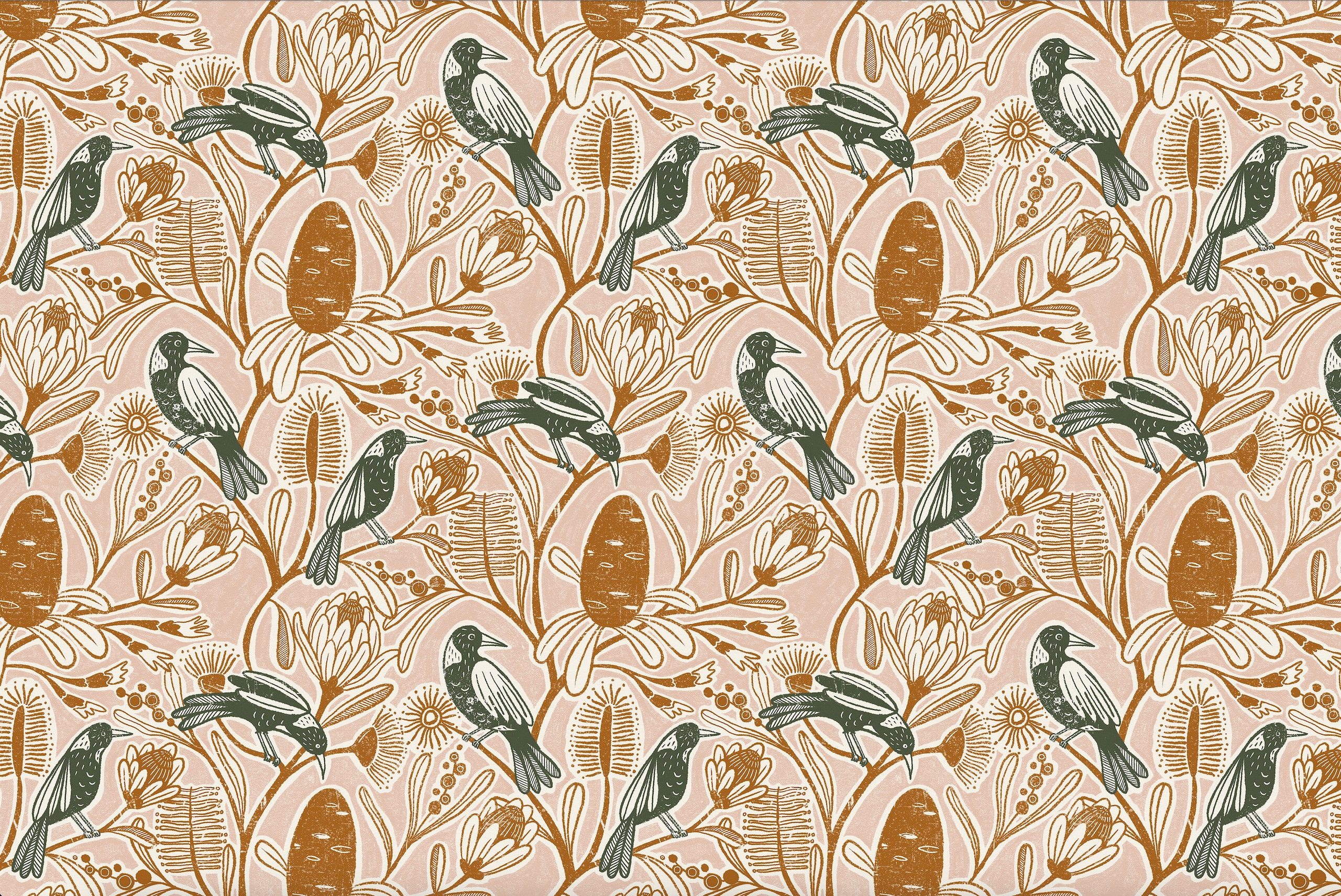 Pink and Orange Australian Florals and Magpie Birds Wallpaper Mural
