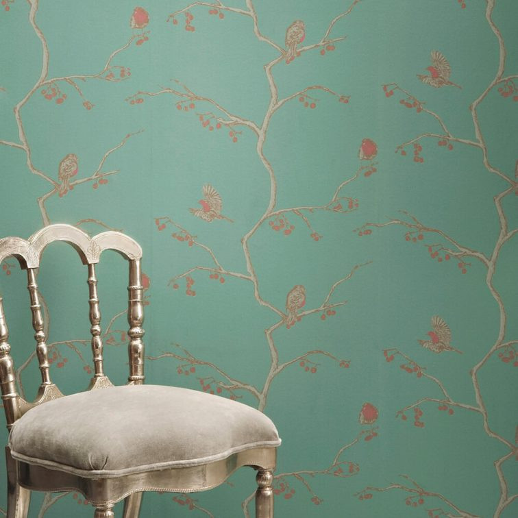 English Birds Perched On Branches Aqua Wallpaper | Barneby Gates ...