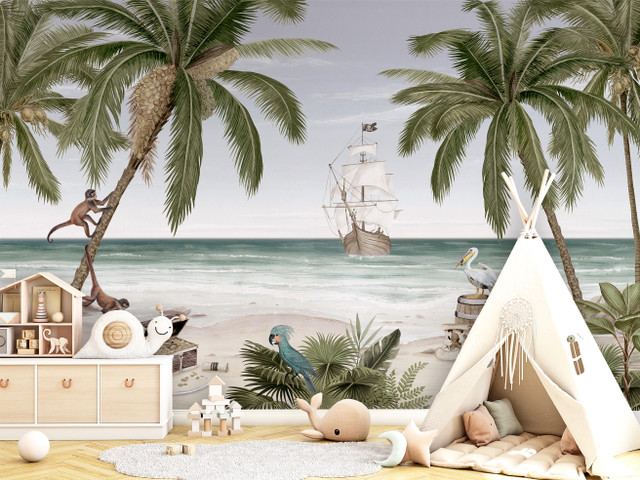 Tropical Pirate Scene Palms and Monkeys Watercolour Wallpaper Mural