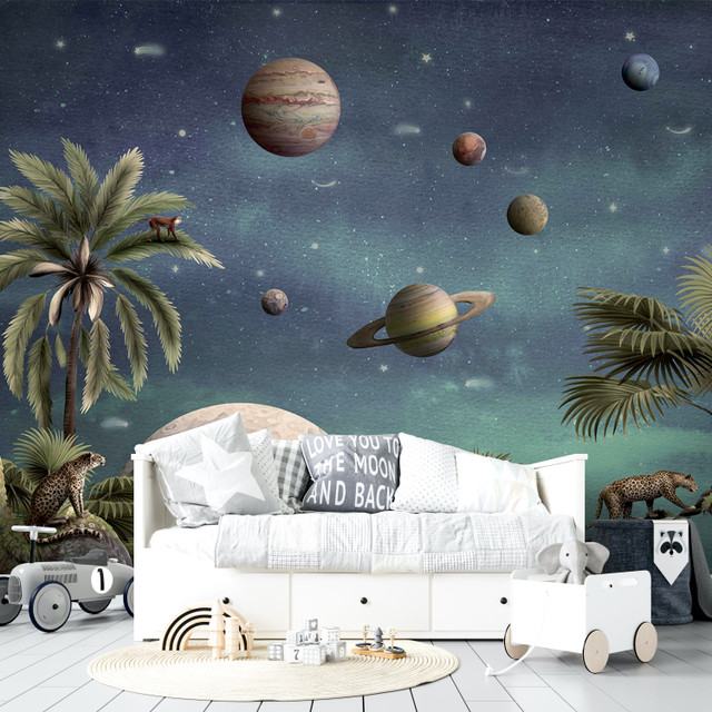 Watercolour Galaxy Planets and Palms Wallpaper Mural