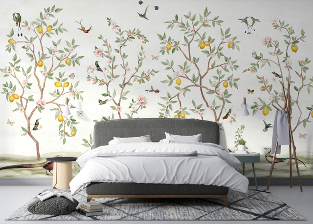 Stunning Off White Chinoiserie Lemon Tree Wallpaper Mural | Made in ...