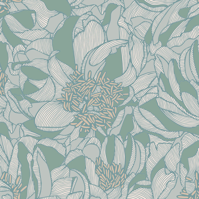Large Scale Line Art Peony Blooms Green Blue Wallpaper | Patricia ...